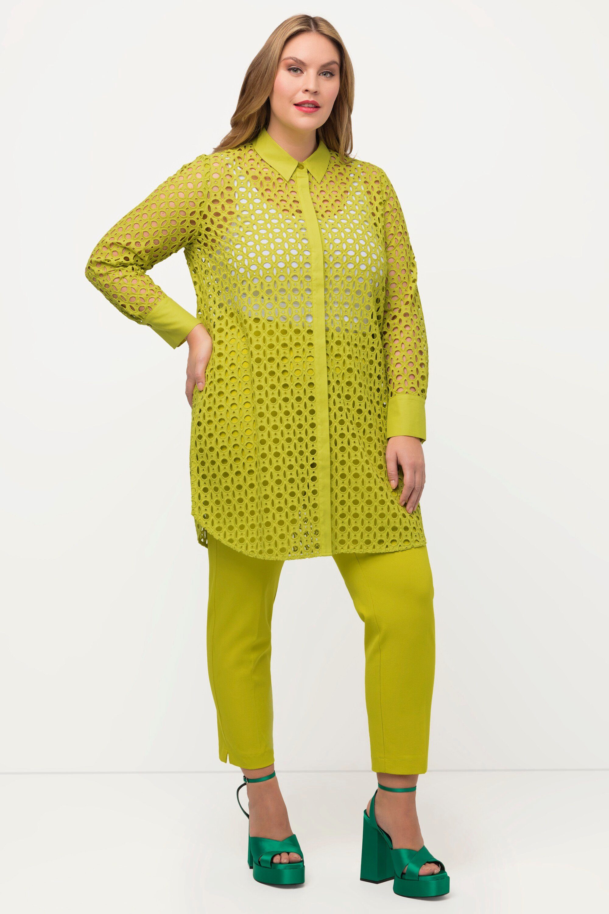 Ulla Popken Longbluse Longbluse Stick Spitze Hemdkragen Langarm