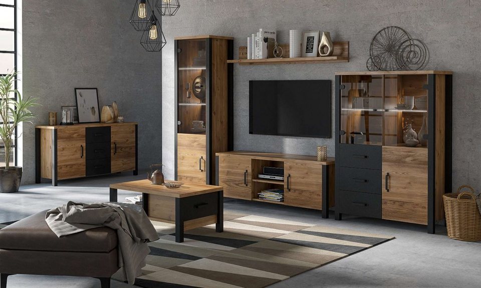 99rooms Wohnwand Den Appenzeller Fichte Schwarz Matt Set 6 St