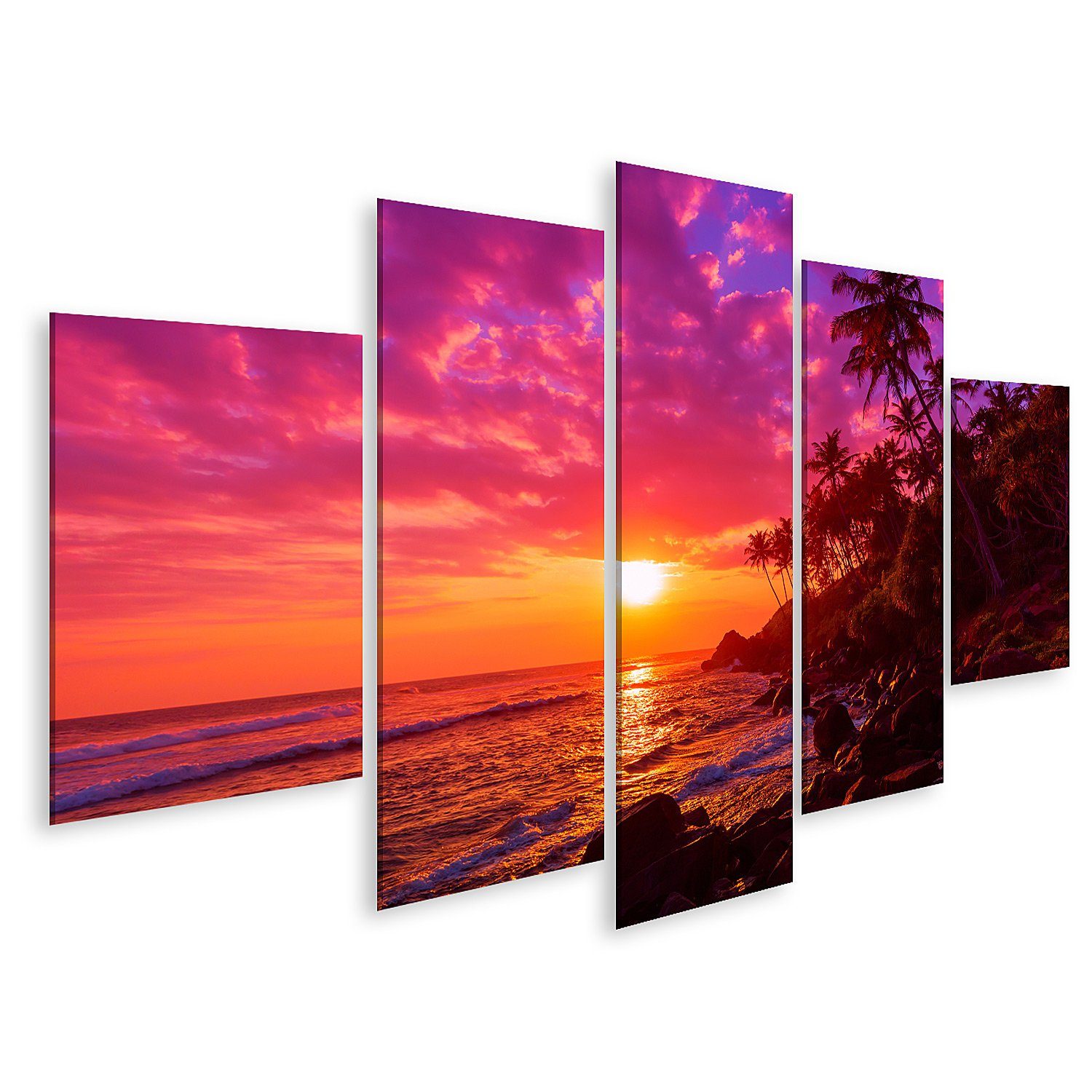 islandburner Leinwandbild Bild auf Leinwand Sonnenuntergang Am Tropischen Strand Mit Palmen Silh