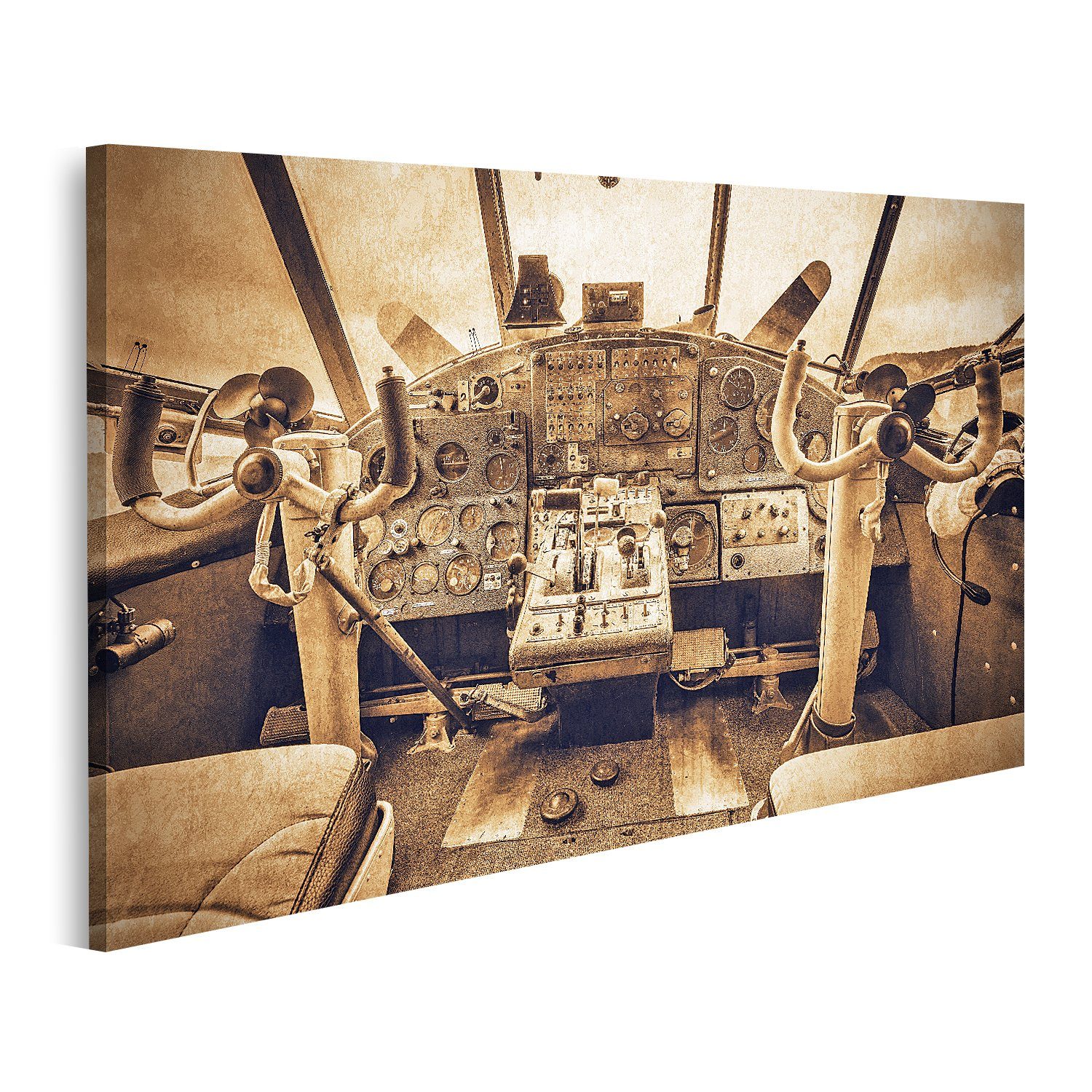 islandburner Leinwandbild Bild auf Leinwand Cockpit Ansicht Alt Retro Flugzeug Vintage Stil Wan