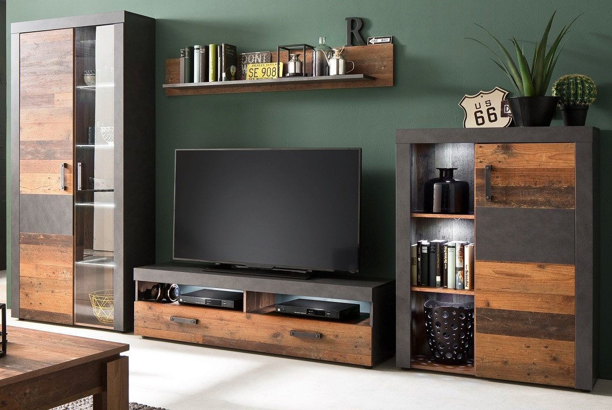 Trendteam Wohnwand Wohnwand Indy Old Used Wood Matera Grau 4 Teilig