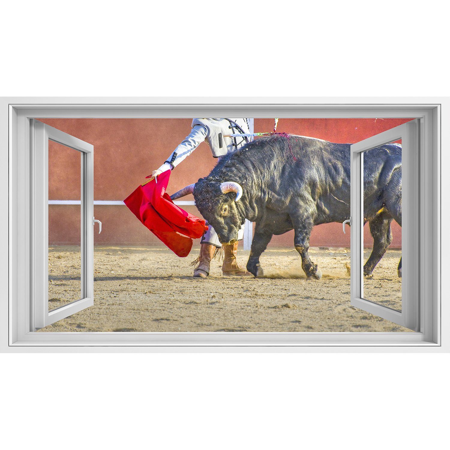 islandburner Leinwandbild Fensterblick Stierkampf aus Spanien Schwarzer Stier Sagenhafter Effekt