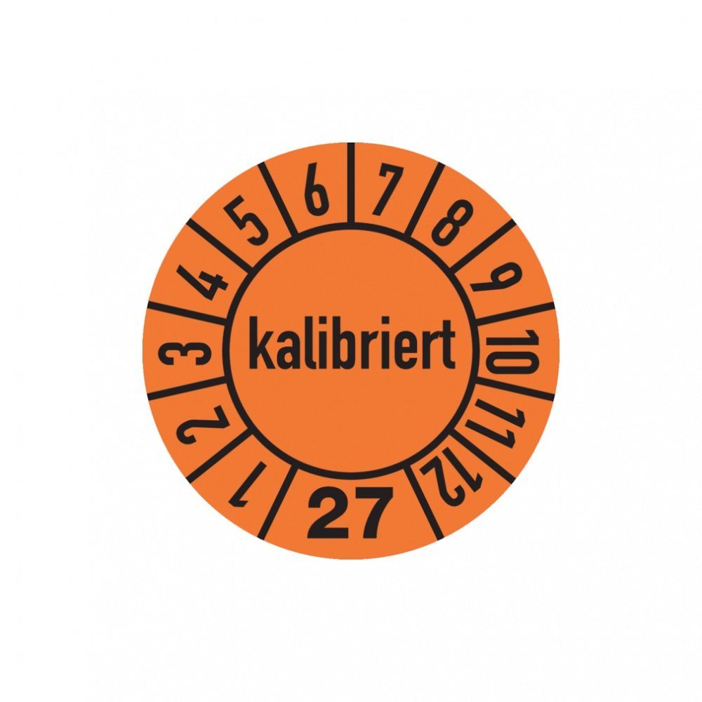 Dreifke Hinweisschild Jahresprüfplakette, kalibriert, orange/schwarz, Folie, Ø10mm, 10 Plak.