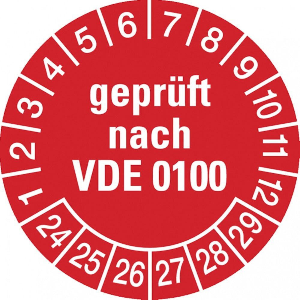 König Werbeanlagen Hinweisschild Prüfplakette, geprüft nach VDE 0100, rot/weiß, Folie, Ø30mm, 10 ...