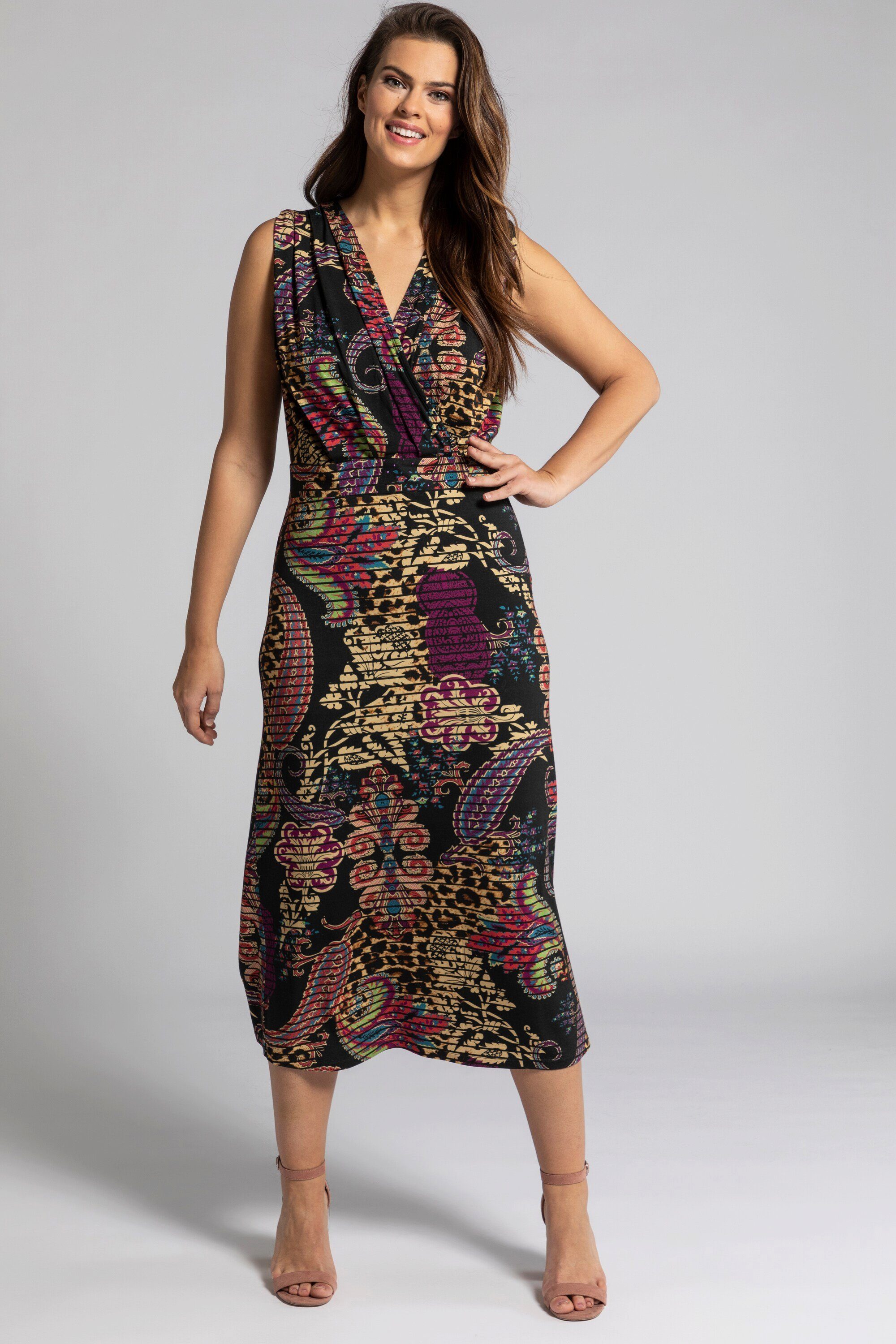 Ulla Popken Jerseykleid Maxikleid Wickeloptik V Ausschnitt ärmellos