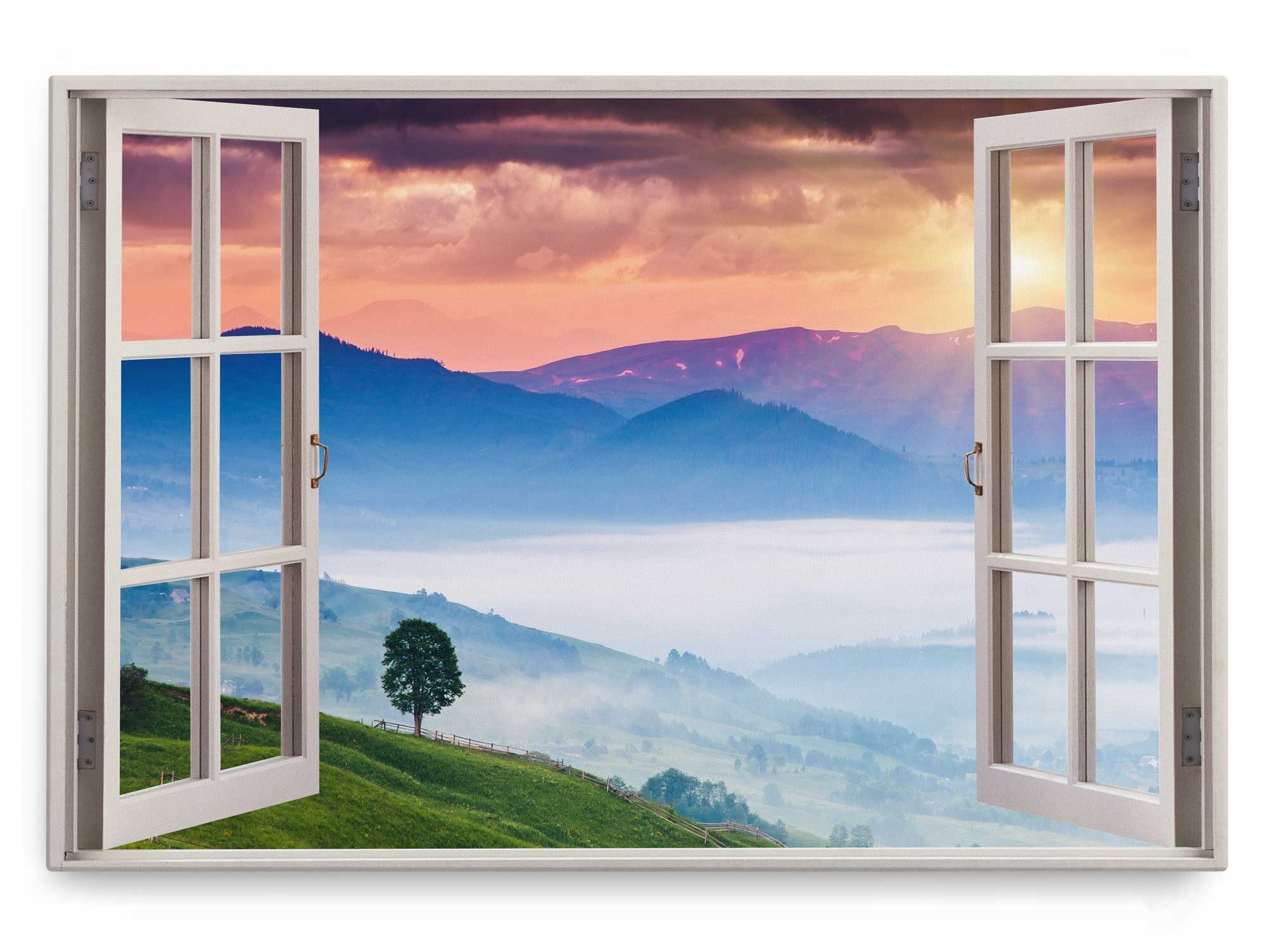 Sinus Art Leinwandbild Wandbild 120x80cm Fensterbild Berge Nebel Sonnenuntergang Tal Natur, (1 St)