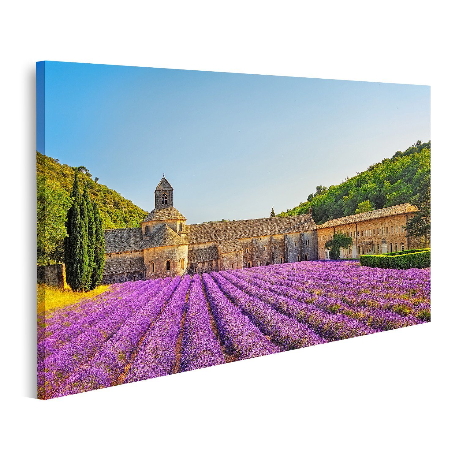 islandburner Leinwandbild Bild auf Leinwand Abtei von Senanque und blühende Reihen von Lavendelb