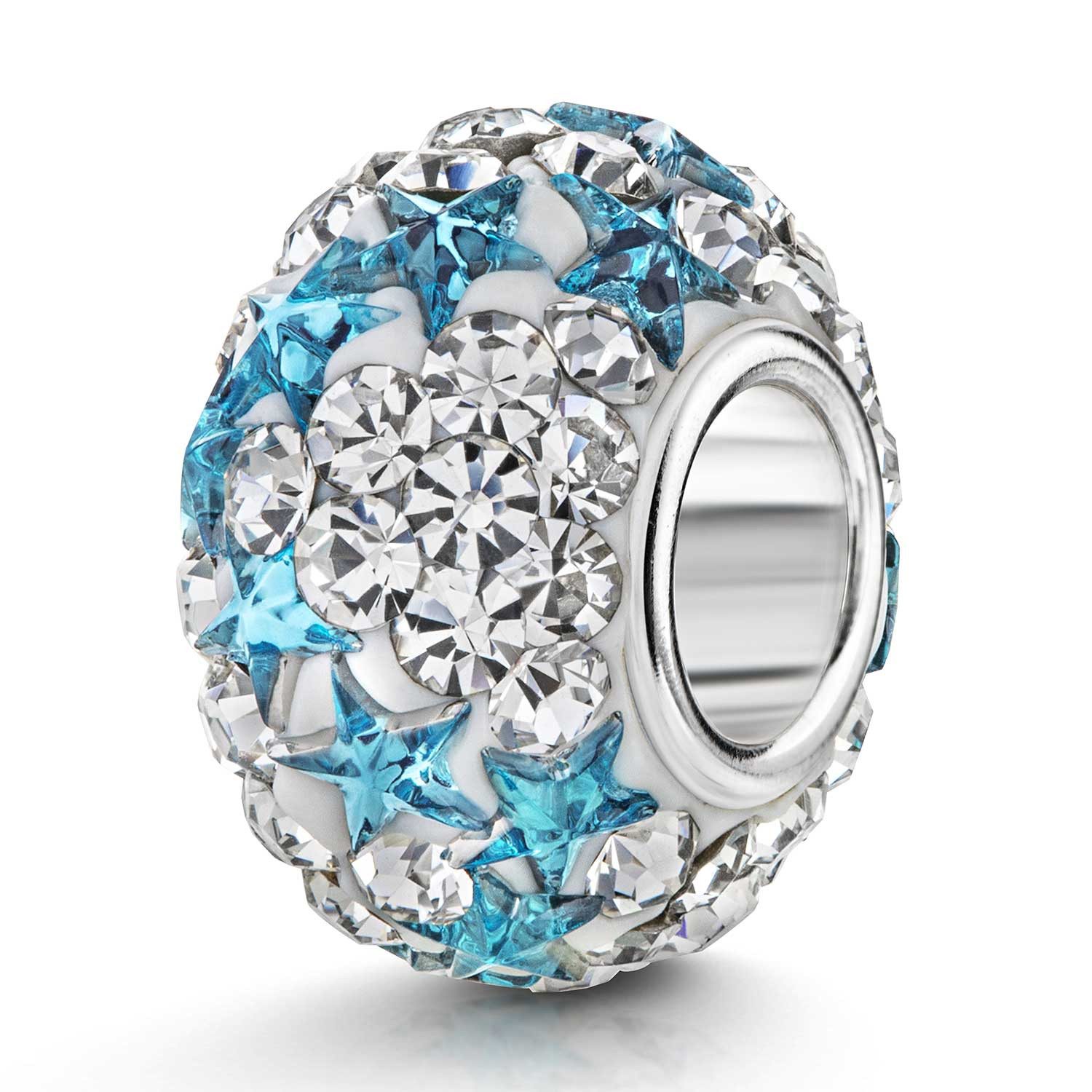 Materia Bead Charms Perle Sterne Glitzer Strass Weiß Türkis Silber 1607, Kern aus 925 Sterling ...