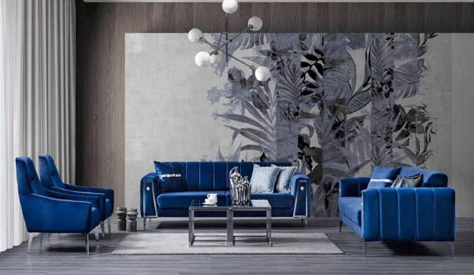 Jvmoebel Wohnzimmer Set Blaue Große Wohnzimmer Sitzgarnitur Dreisitzer