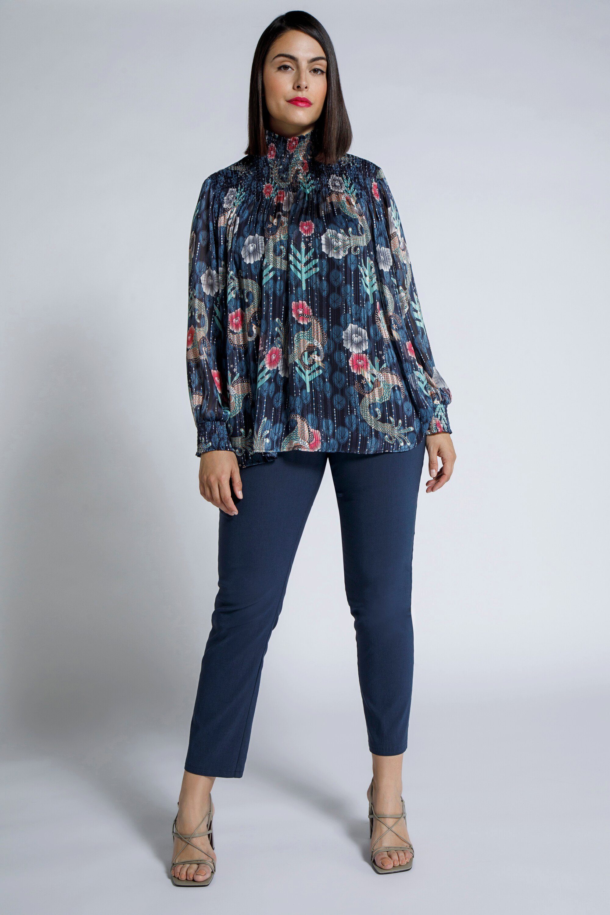 Ulla Popken Longbluse Bluse Blüten A Line Stehkragen Langarm Chiffon