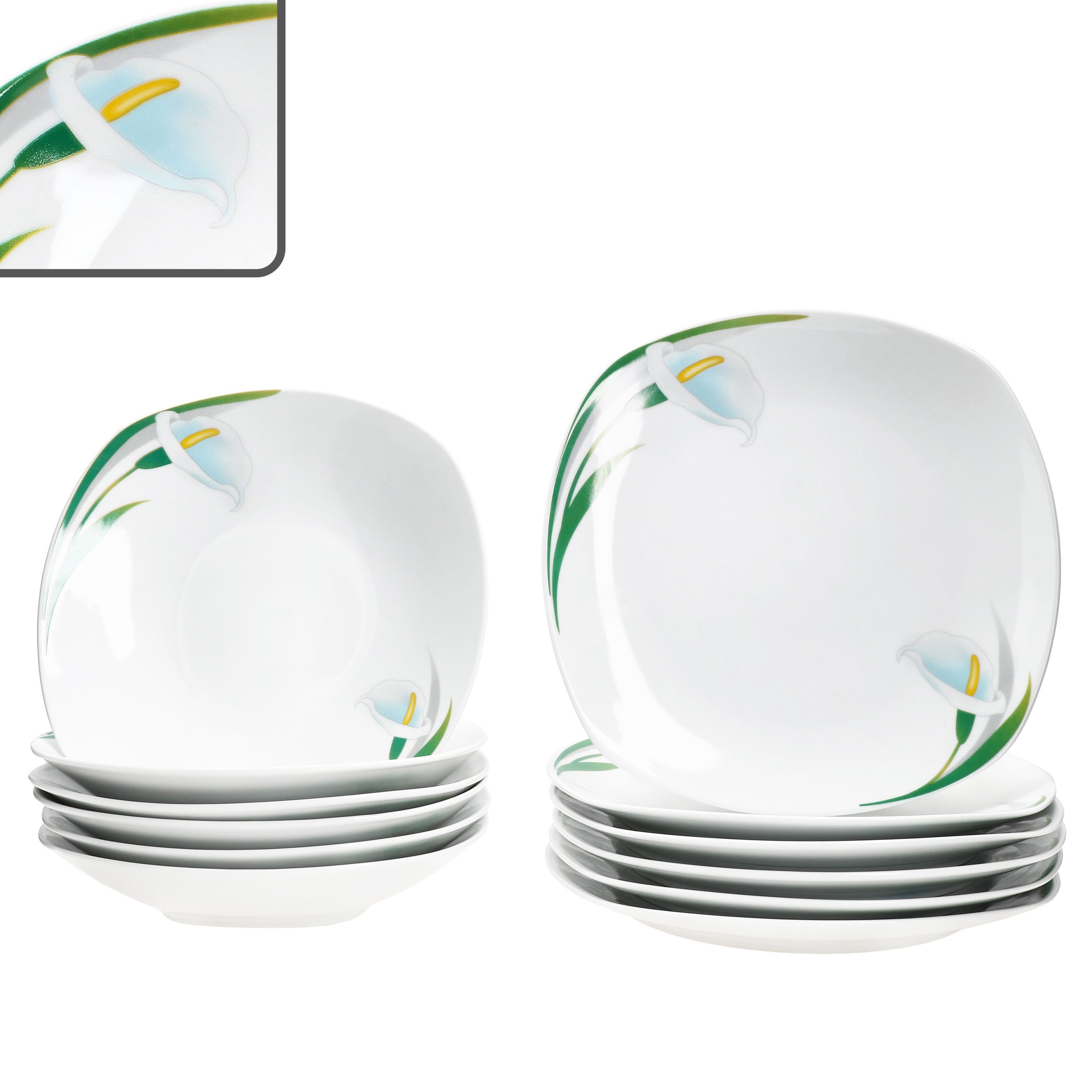 MamboCat Tafelservice 12tlg Tafelservice White Calla Porzellan 6 Personen Blume, Porzellan