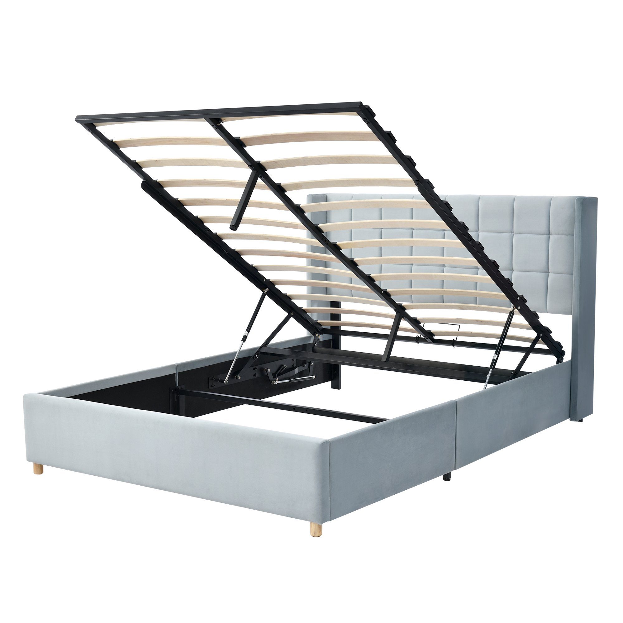 Flieks Polsterbett, Samt Hydraulisches Bett Parallelhub 140x200cm Blau-Grau