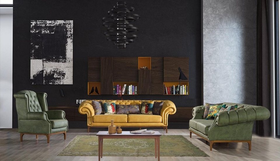 Jvmoebel Wohnzimmer Set Grün Gelbe Polstergarnitur Designer Dreisitzer