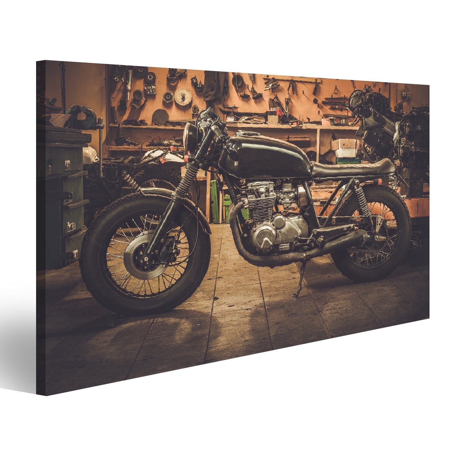 islandburner Leinwandbild Bild auf Leinwand Vintage Style Cafe Racer Motorrad Customs Garage Wan