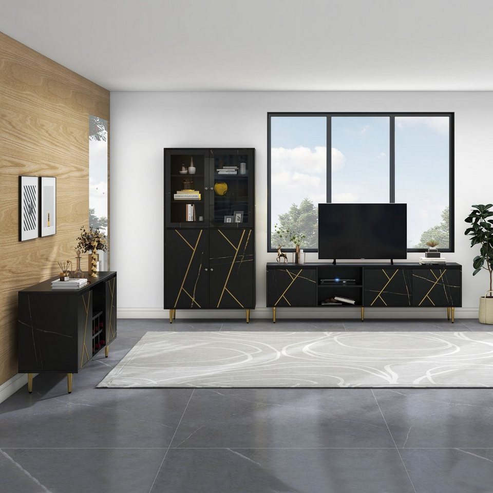 Okwish Wohnwand Wohnwand Vitrine Mit Led Couchtisch Sideboard