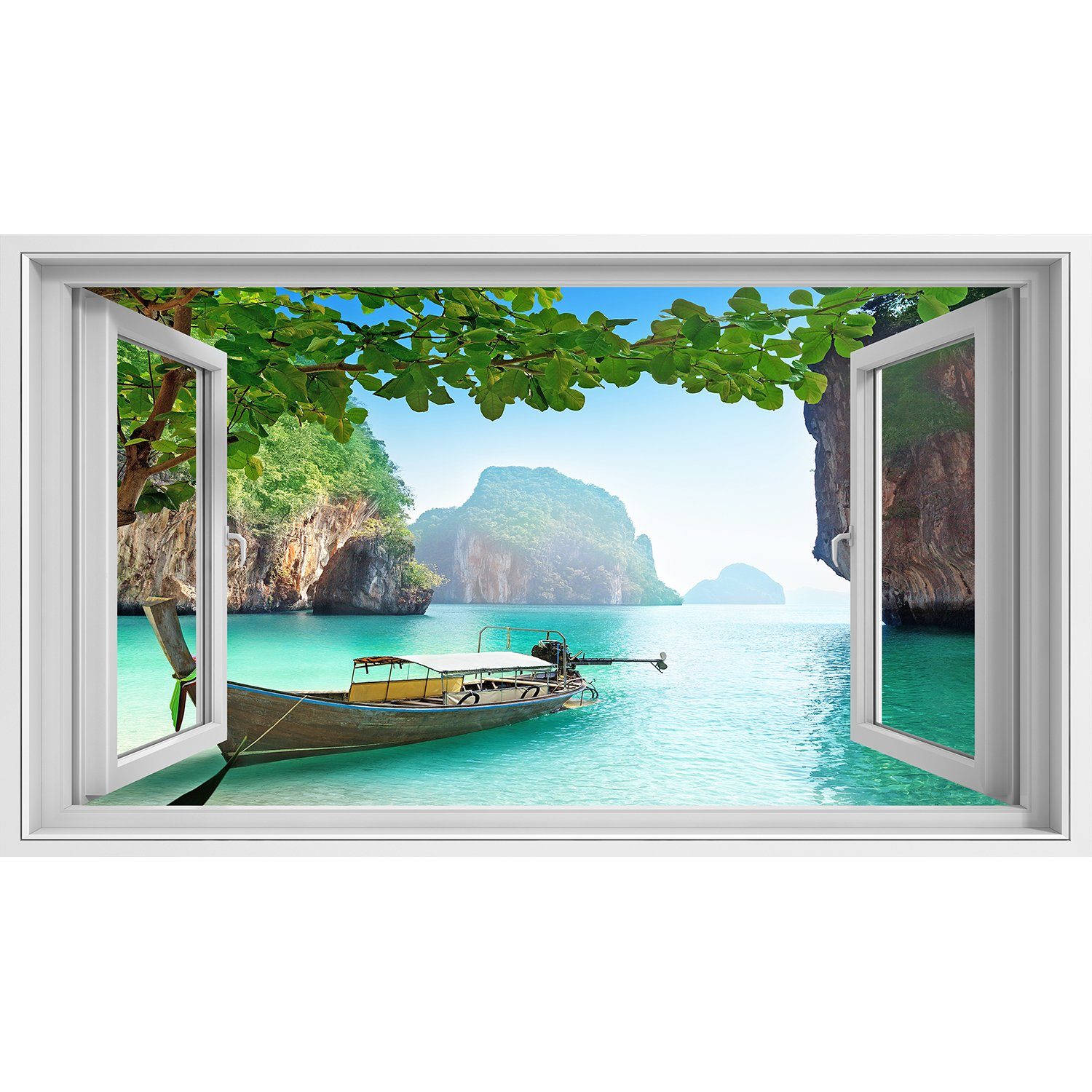 islandburner Leinwandbild Fensterblick Boot am Strand der Insel in der thailändischen Provinz Kr