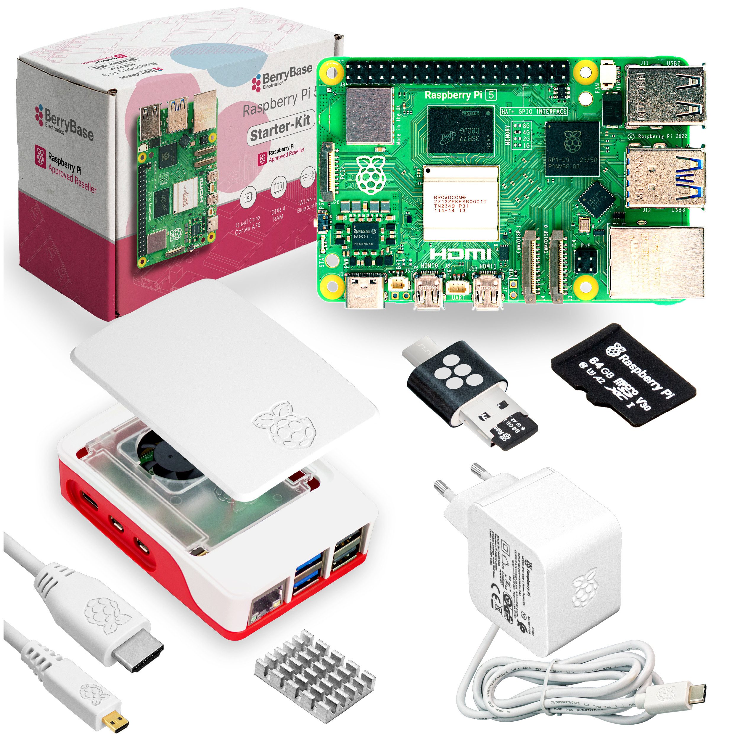 BerryBase Raspberry Pi 5 Starterkit, 64GB microSDHC inkl. Pi OS, Gehäuse, Mini-PC Barebone