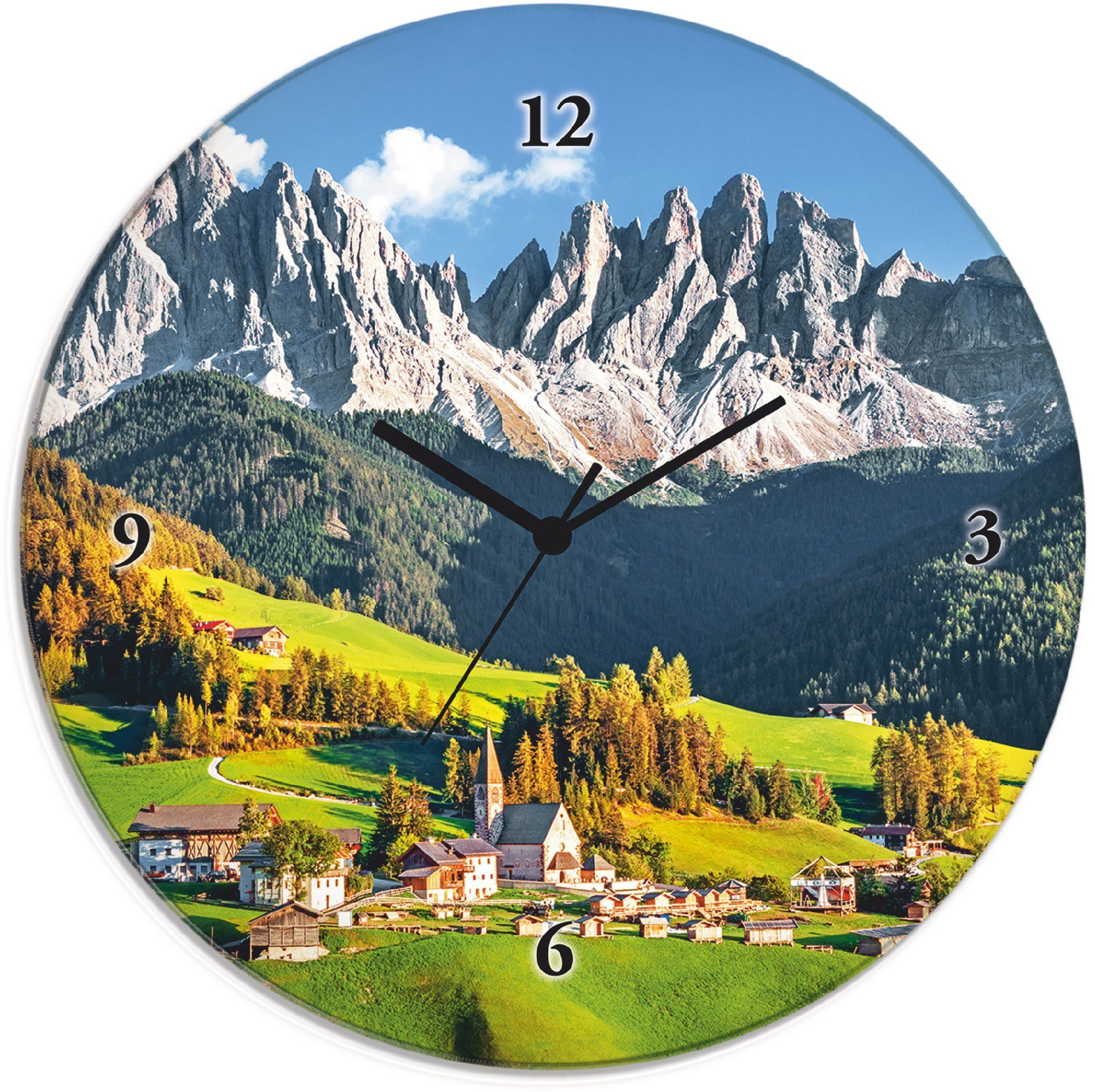 Artland Wanduhr Glasuhr Rund Alpen Berge Santa Maddalena Wahlweise Mit