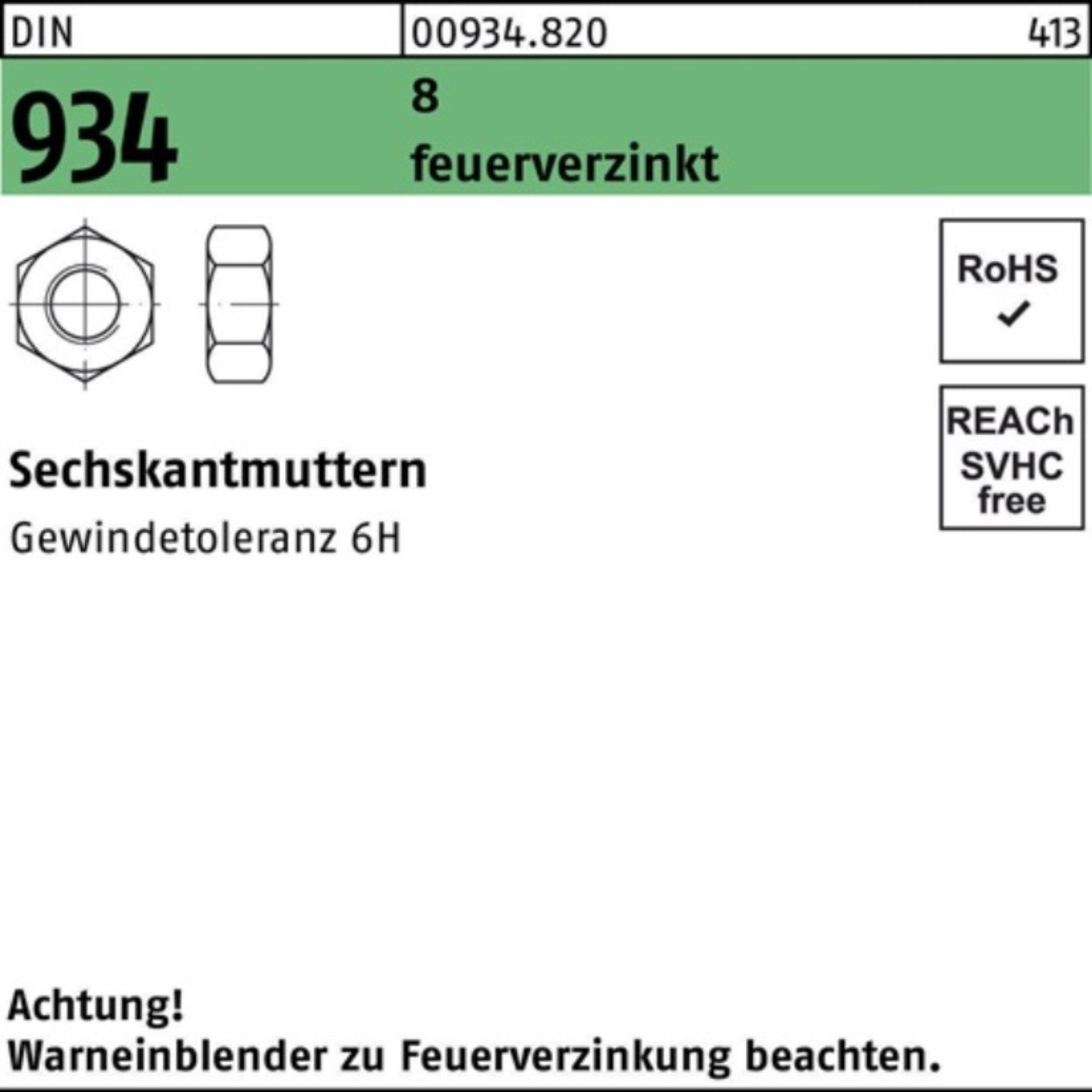 Reyher Muttern 100er Pack 009348209120000 Sechskantmutter DIN 934 M 12 8 feuerverzink