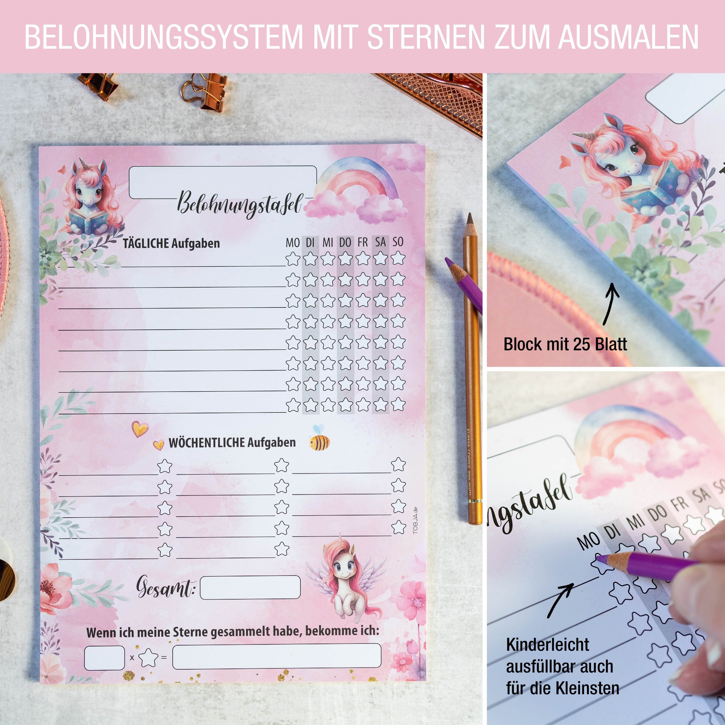 TOBJA Notizblock Belohnungstafel Kinder A4 Block Einhorn, Motiviert ...