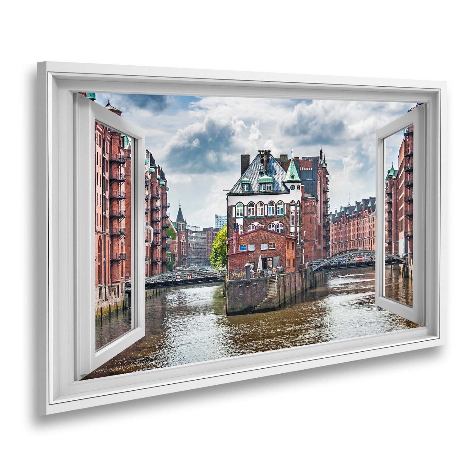 islandburner Leinwandbild Fensterblick Berühmte Speicherstadt Speicherstadt mit dunklen Wolken v