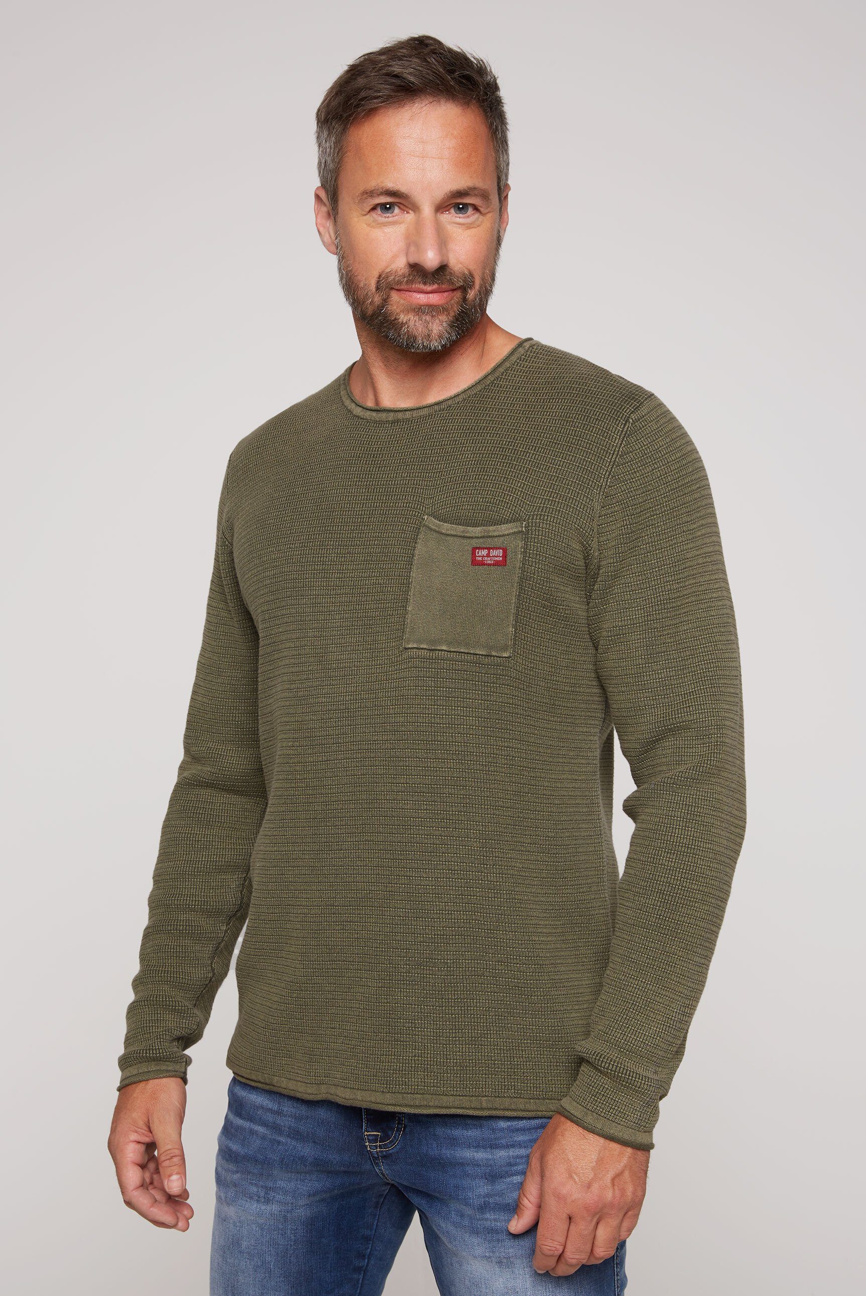 CAMP DAVID Rundhalspullover mit Brusttasche, Rückenpasse in linksstrick ...