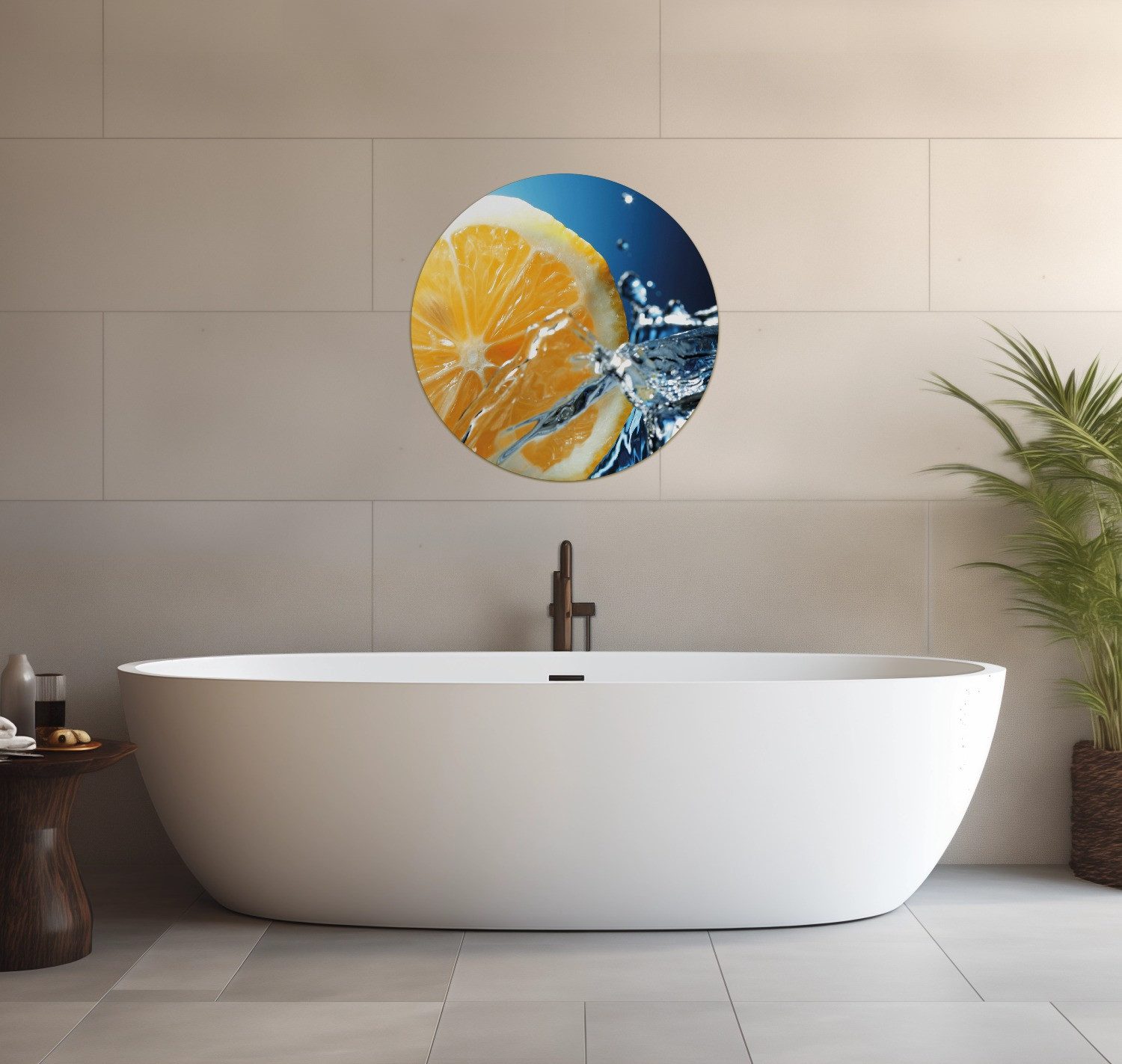 Wallario Wandfolie Orange In Spritzigem Wasser Vor Blauem Hintergrund