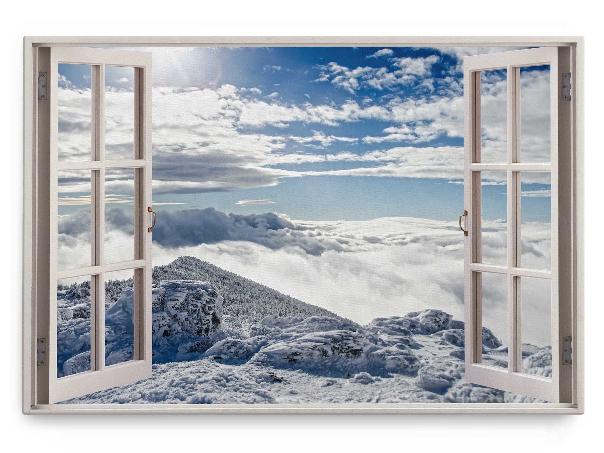Sinus Art Leinwandbild Wandbild 120x80cm Fensterbild Schnee Berge Winter Weiß Wolken Blau, (1 St)