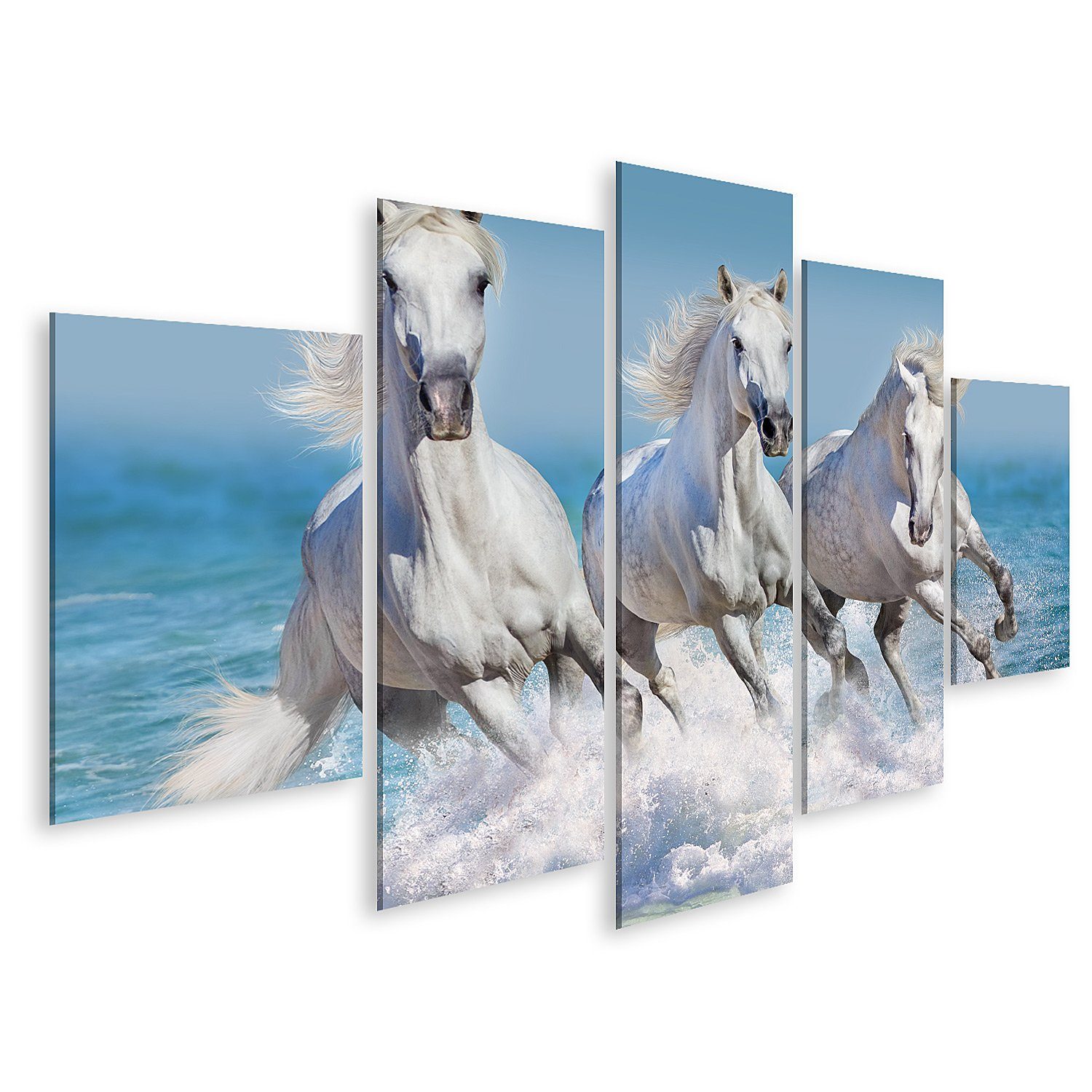 islandburner Leinwandbild »Bild auf Leinwand Pferde Wasser Weißes Pferd Herde Run Waves Ocean ...