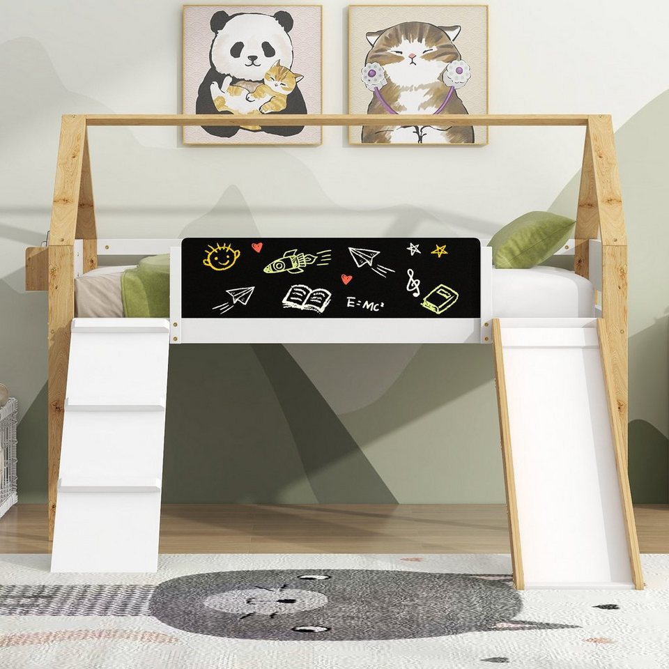 Ulife Kinderbett Hochbett Hausbett Einzelbett Mit Rutsche Und Tafel