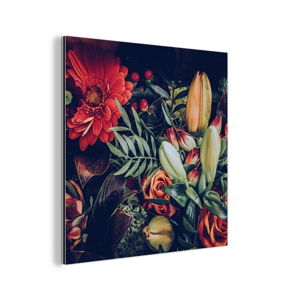 Muchowow Metallbild Blumenstrauß Stilleben Blumen Pflanzen Rot
