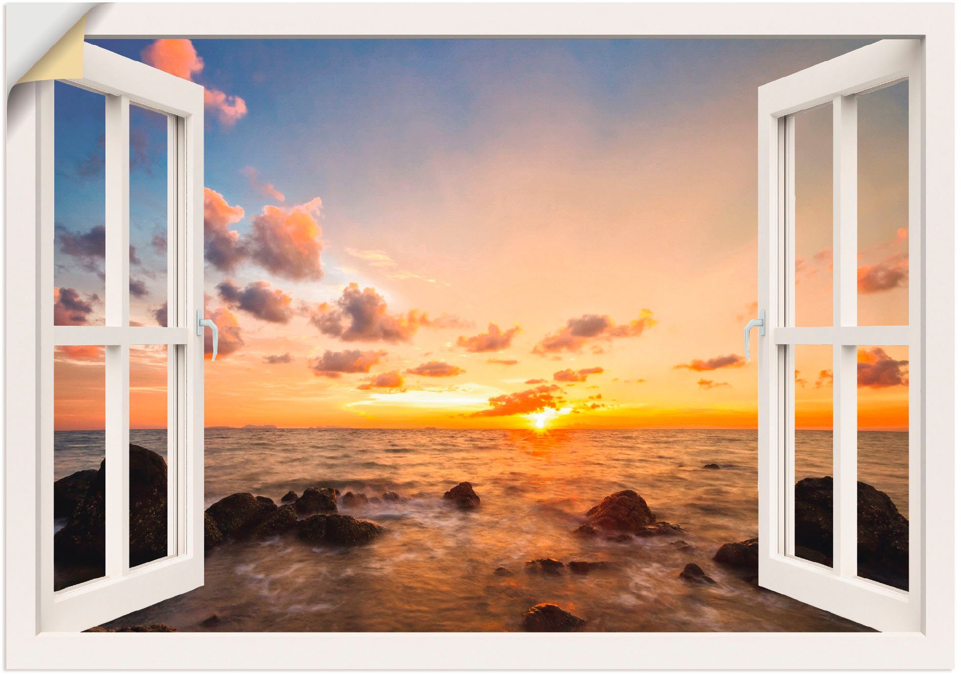 Artland Wandbild Fensterblick Sonnenuntergang am Meer, Fensterblick (1 St), als Alubild ...