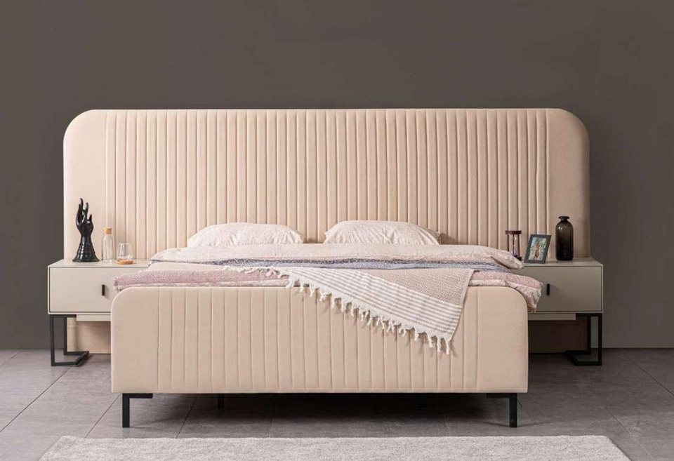 Jvmoebel Schlafzimmer Set Beige Bett 2x Nachttische 3tlg Set