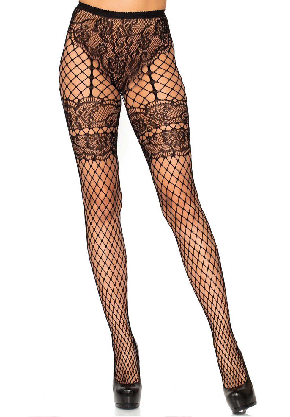 Leg Avenue Netzstrumpfhose Netz Strumpfhose Mit Spitzenmuster Schwarz