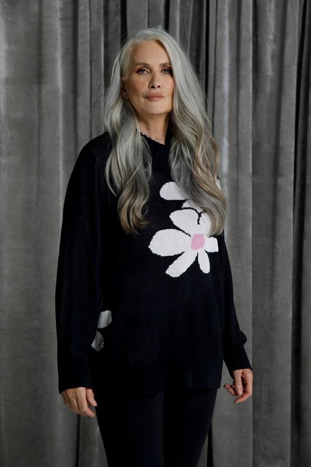 Ulla Popken Strickpullover Pullover Blüten Design Stehkragen Langarm