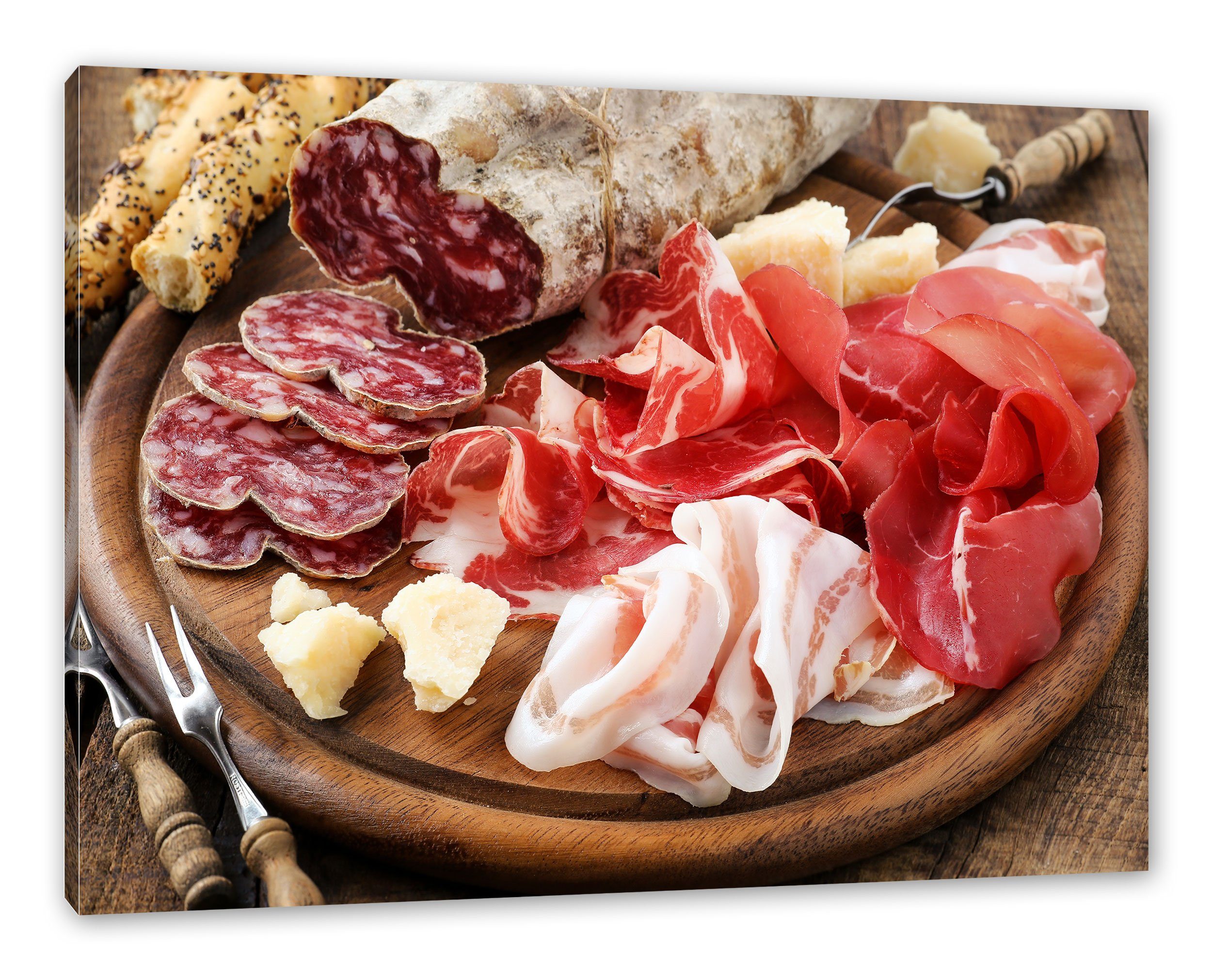 Pixxprint Leinwandbild Brotzeit mit Wurst, Brotzeit mit Wurst (1 St), Leinwandbild fertig ...