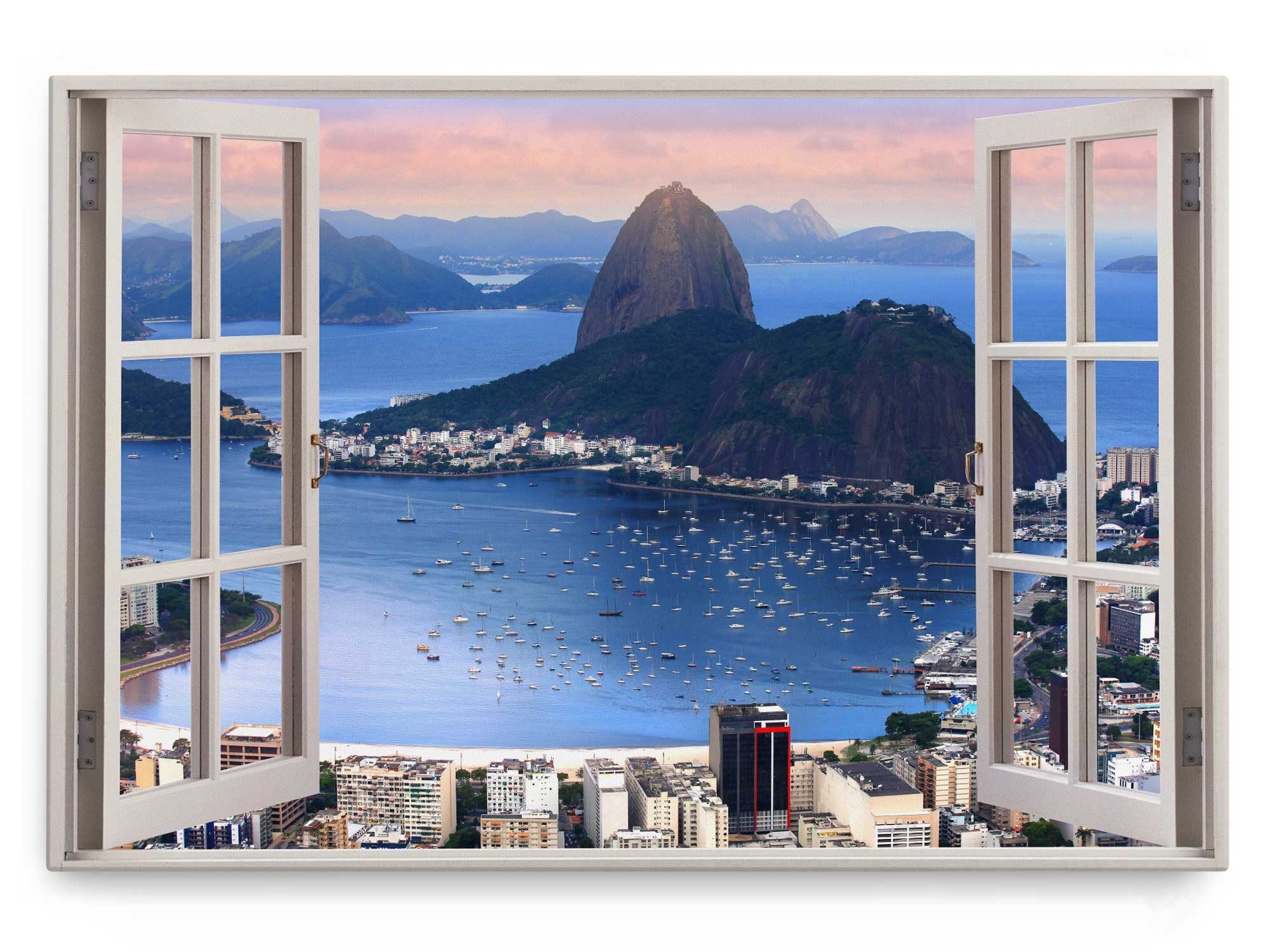 Sinus Art Leinwandbild Wandbild 120x80cm Fensterbild Rio de Janeiro Berge Buch Abenddämmerung ...