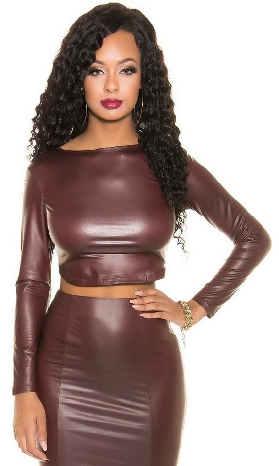Koucla Crop Top Wetlook Cropshirt Rückenfrei Top Langarm