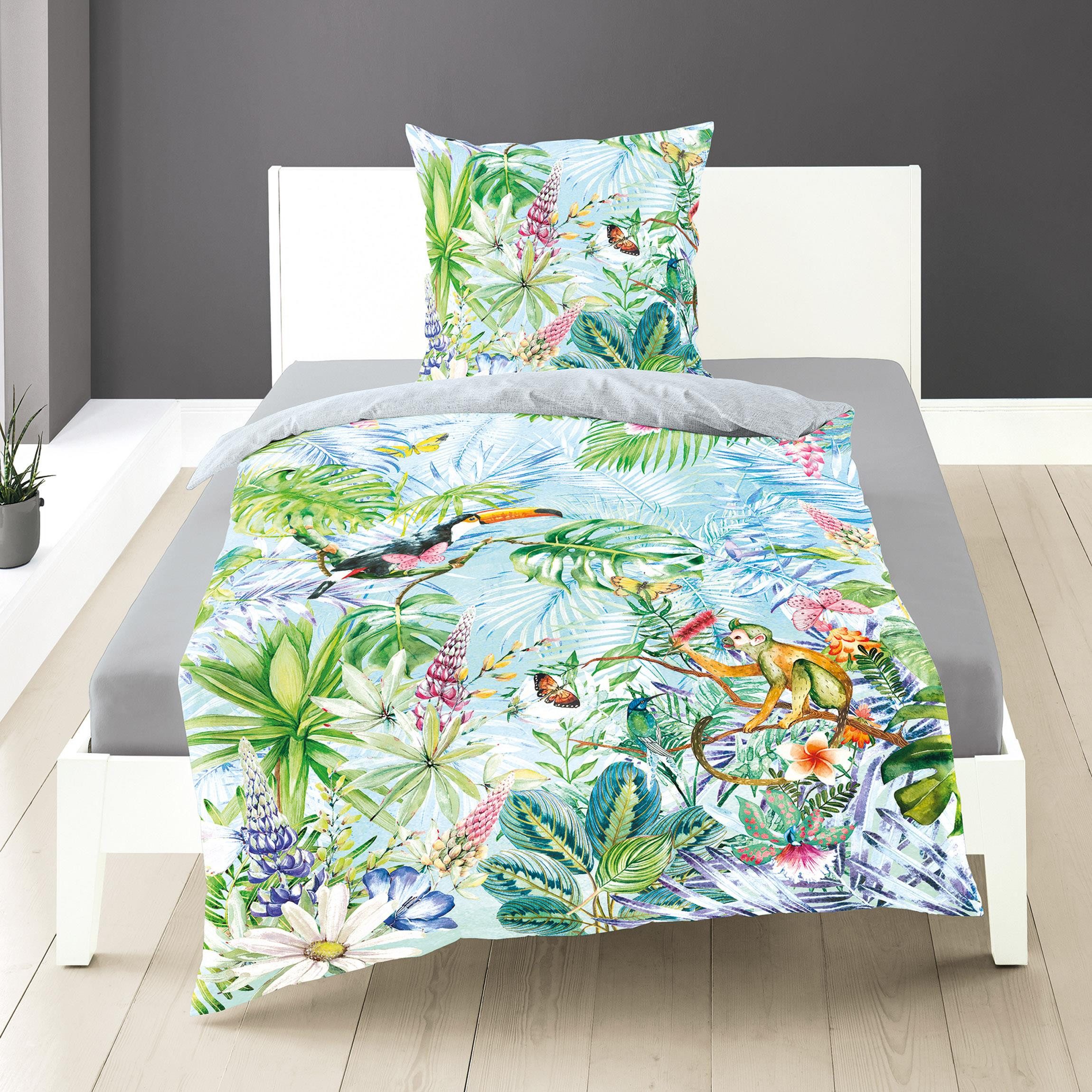 BIERBAUM Bettwäsche Bierbaum Mako Satin Bettwäsche Tropic Türkis 135x200 + 80x80 cm, Mako-Satin ...