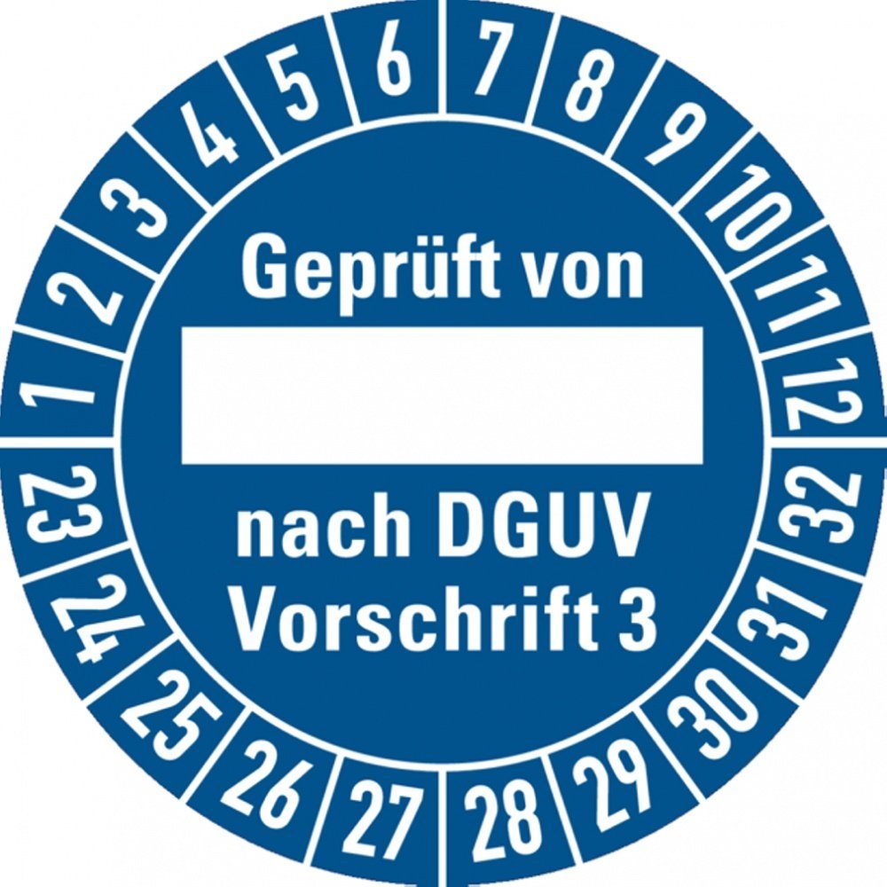König Werbeanlagen Hinweisschild Prüfplak., gepr. von __nach DGUV Vorschr. 3, blau/weiß, Ø30mm ...