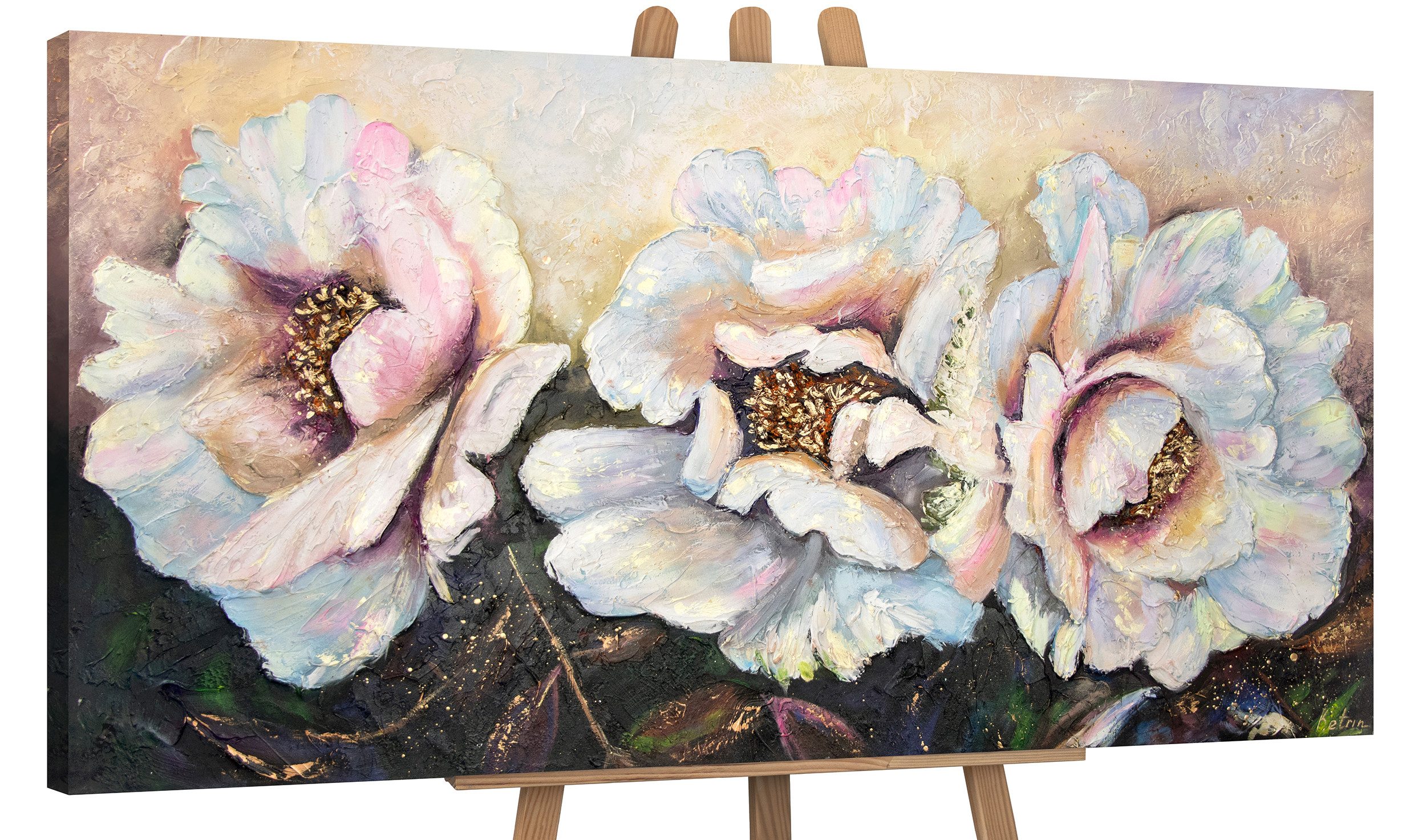 YS-Art Gemälde Pfingstrosen, Blumen, Pfingstrose Weiß Gold Schwarz Leinwand Bild Handgemalt