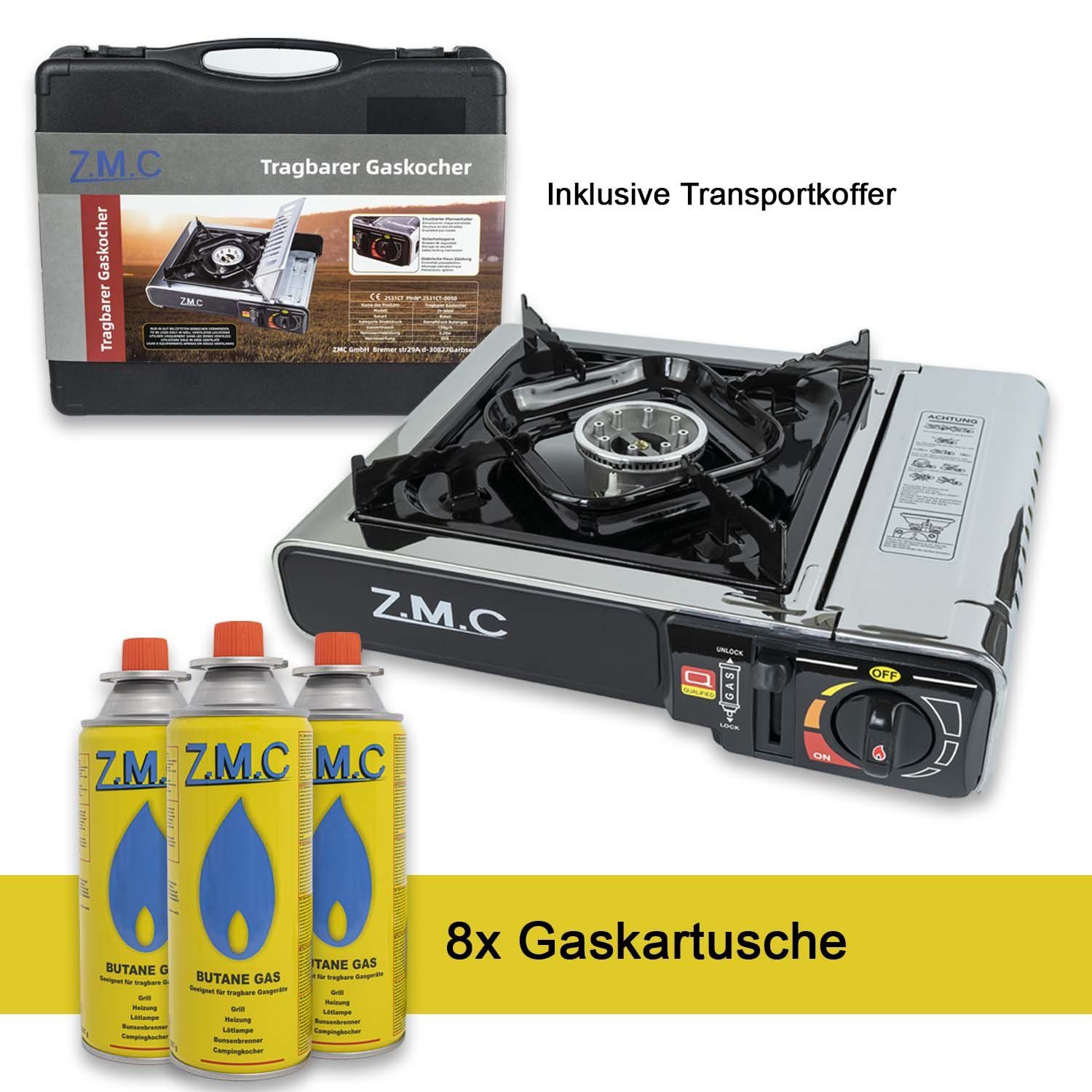 ZMC Gaskocher Edelstahl Gaskocher 1-flammig + Aufbewahrungskoffer + 8x Gaskartuschen, (Butangas ...