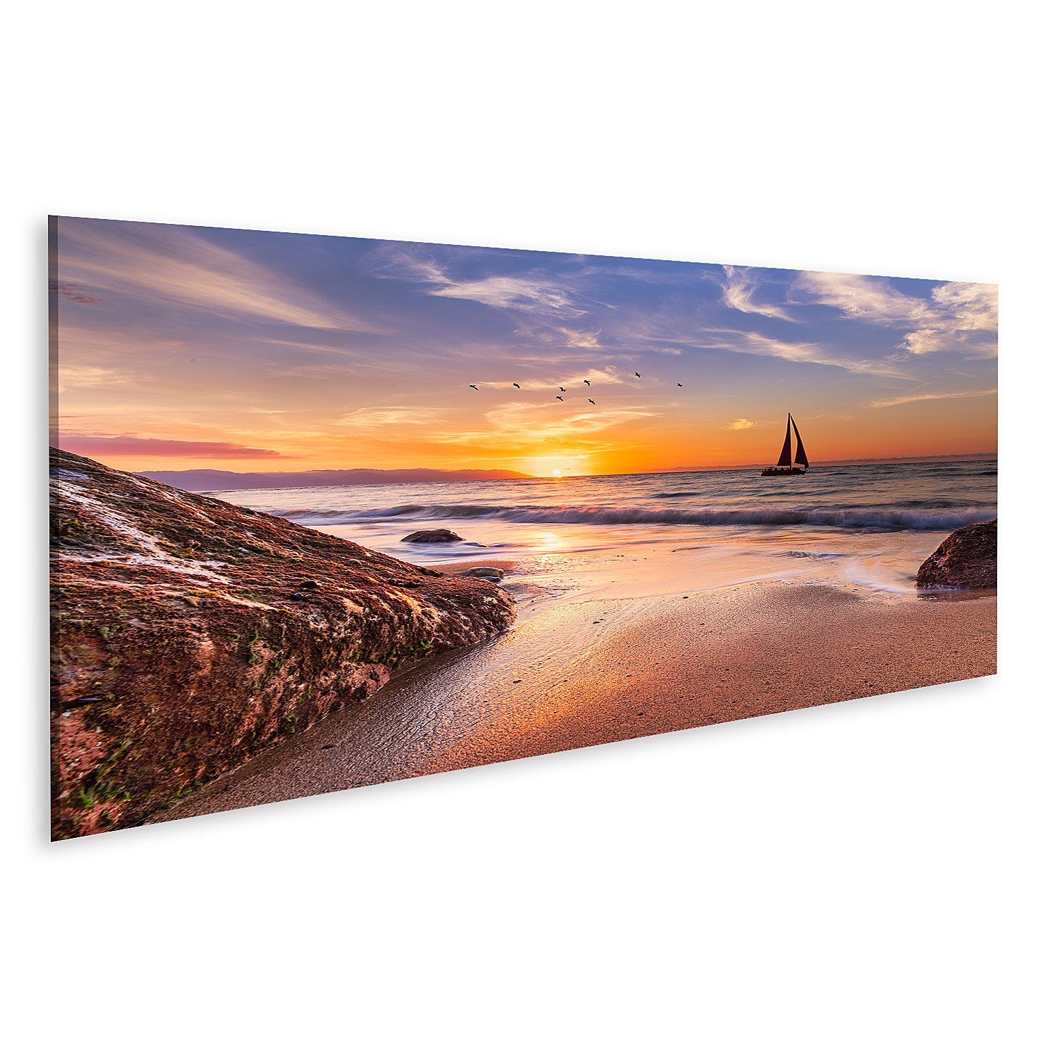 islandburner Leinwandbild Bild auf Leinwand Sonnenuntergang Möwen Meer Segelboot Vögel Segeln ...