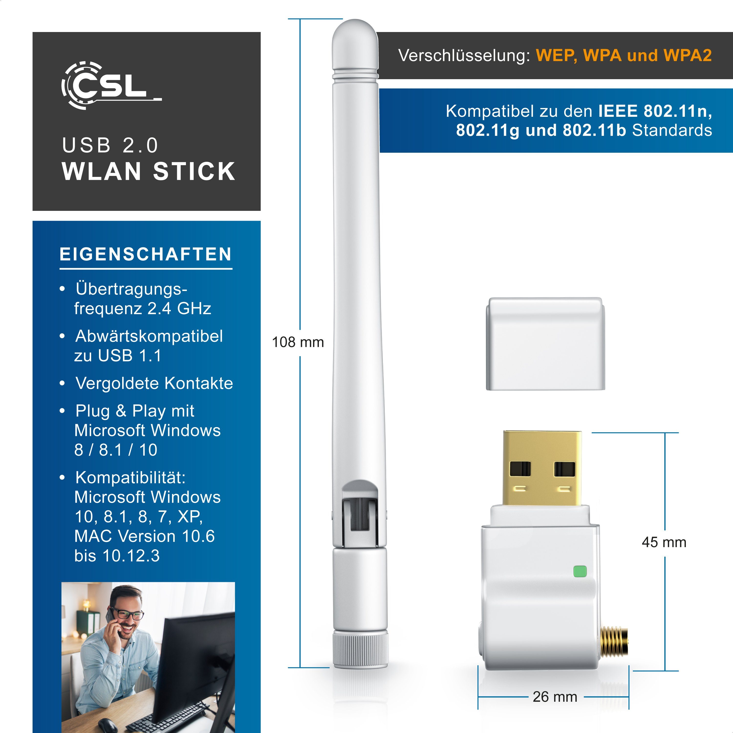 CSL WLAN-Dongle, WLAN Stick, 300 Mbit/s, mit abnehmbarer Antenne, USB 2 ...