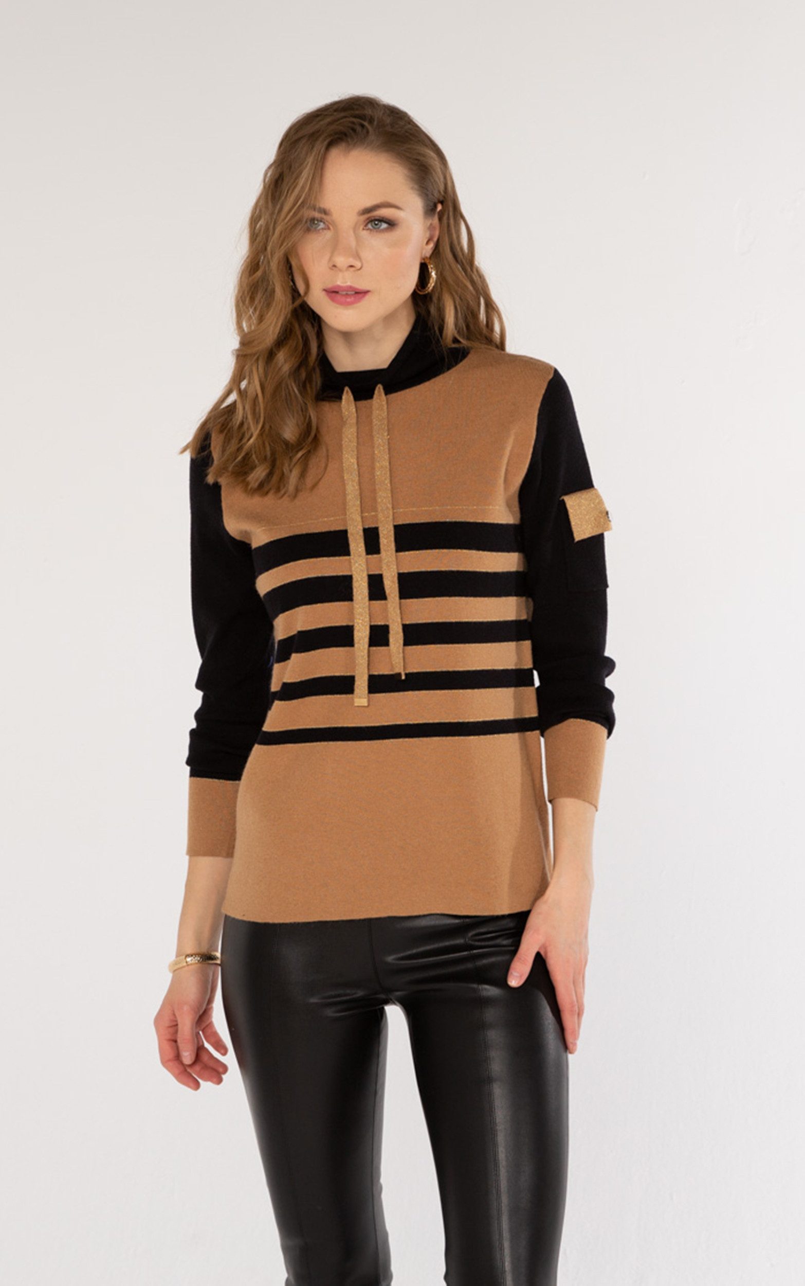 Passioni Strickpullover In Schwarz Und Kamel Mit Streifenmuster Vorne