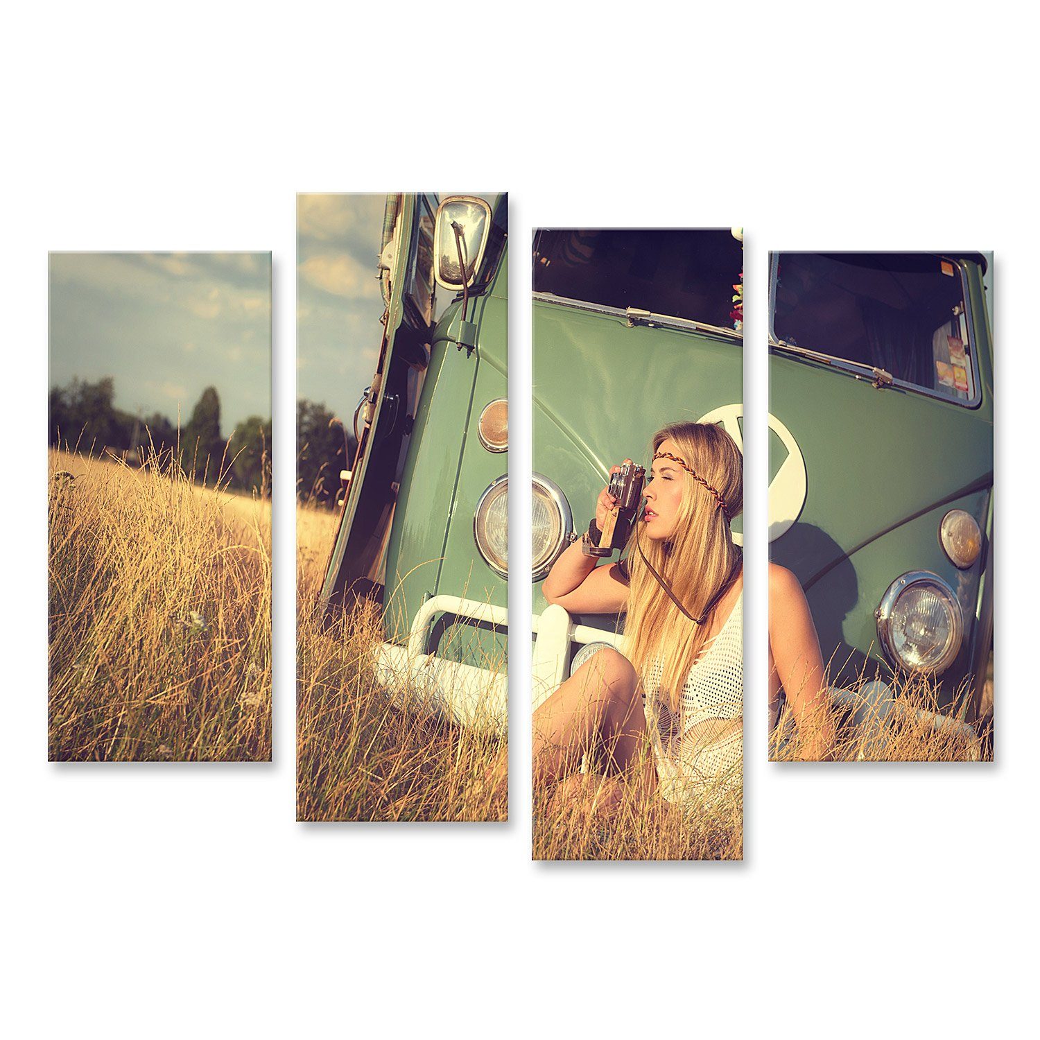 islandburner Leinwandbild »Bild auf Leinwand Hippie Girl Im Feld Mit Kamera Vw Bus Bulli T1 ...