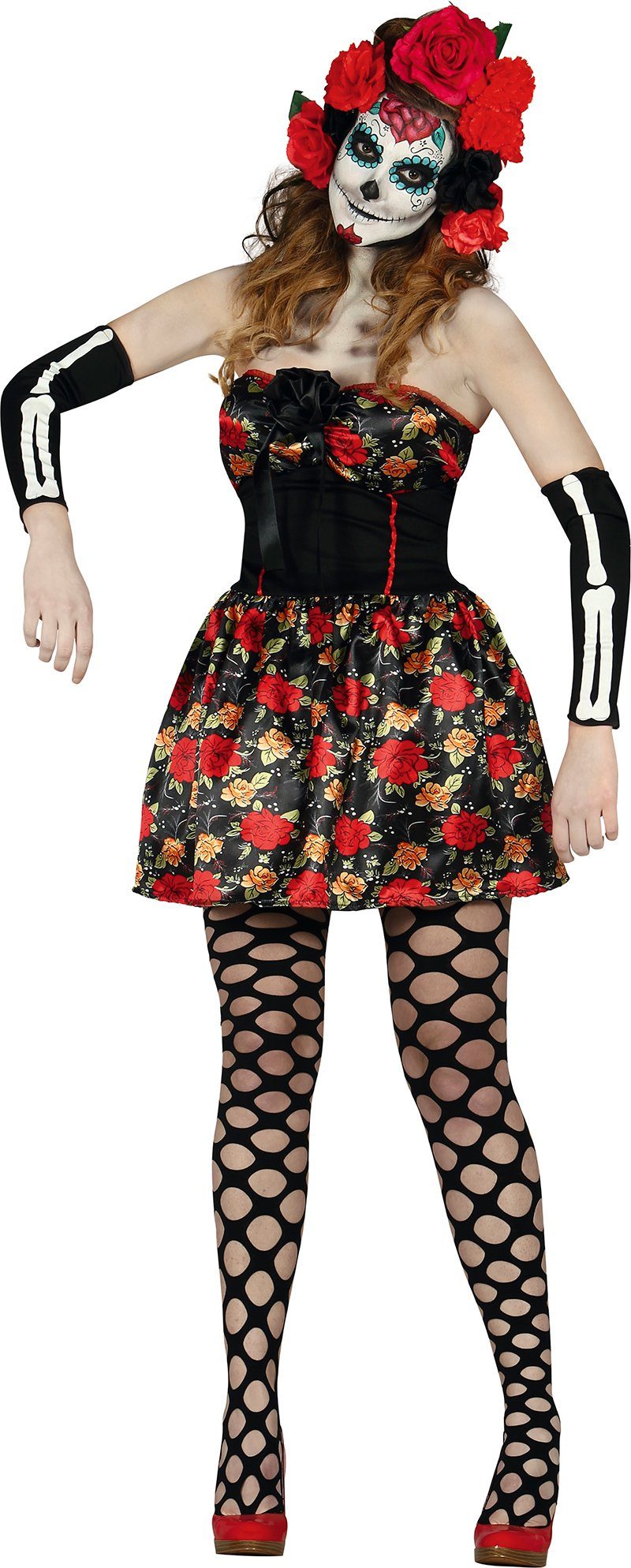 Fiestas Guirca Kostüm, Tag der Toten Damen Outfit mit Blumen Haarreif, Kleid und Armstulpen