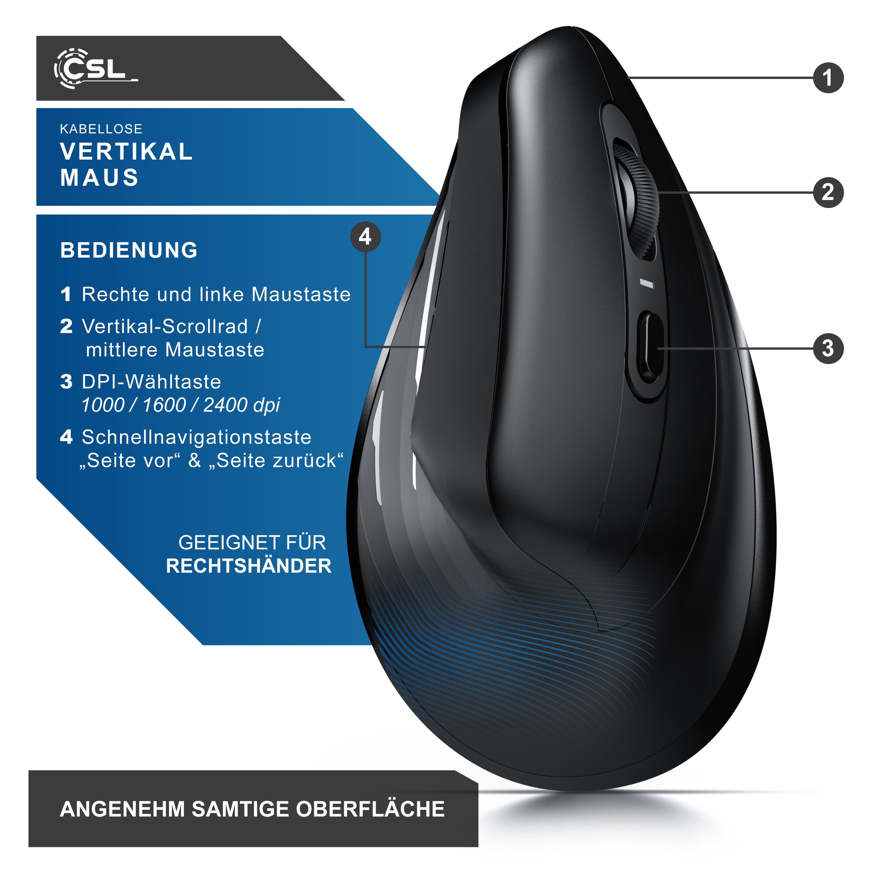 CSL ergonomische Maus (Funk, Kabellose Mouse 2,4 GHz, 1000-2400 DPI ...