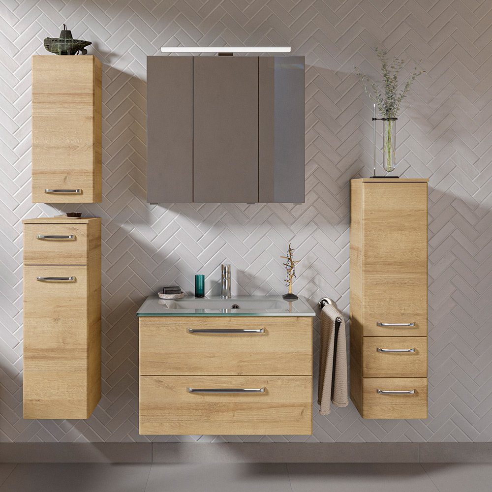 Lomadox Badmöbel-Set TRENTO-66, (Spar-Set, 6-St), mit Glaswaschbecken in Riviera Eiche Nb. 167 ...