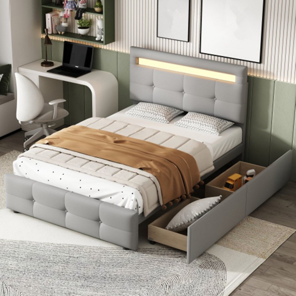 Xdeer Polsterbett Polsterbett Mit Led Leuchten 2 Schubladeneinzelbett